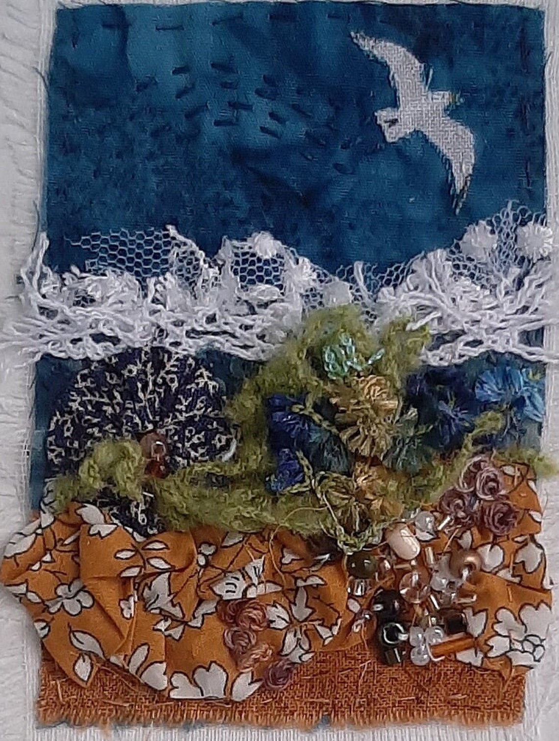 Contemporary Beach Textile Art Collage With Liberty Fabric and Beads ...