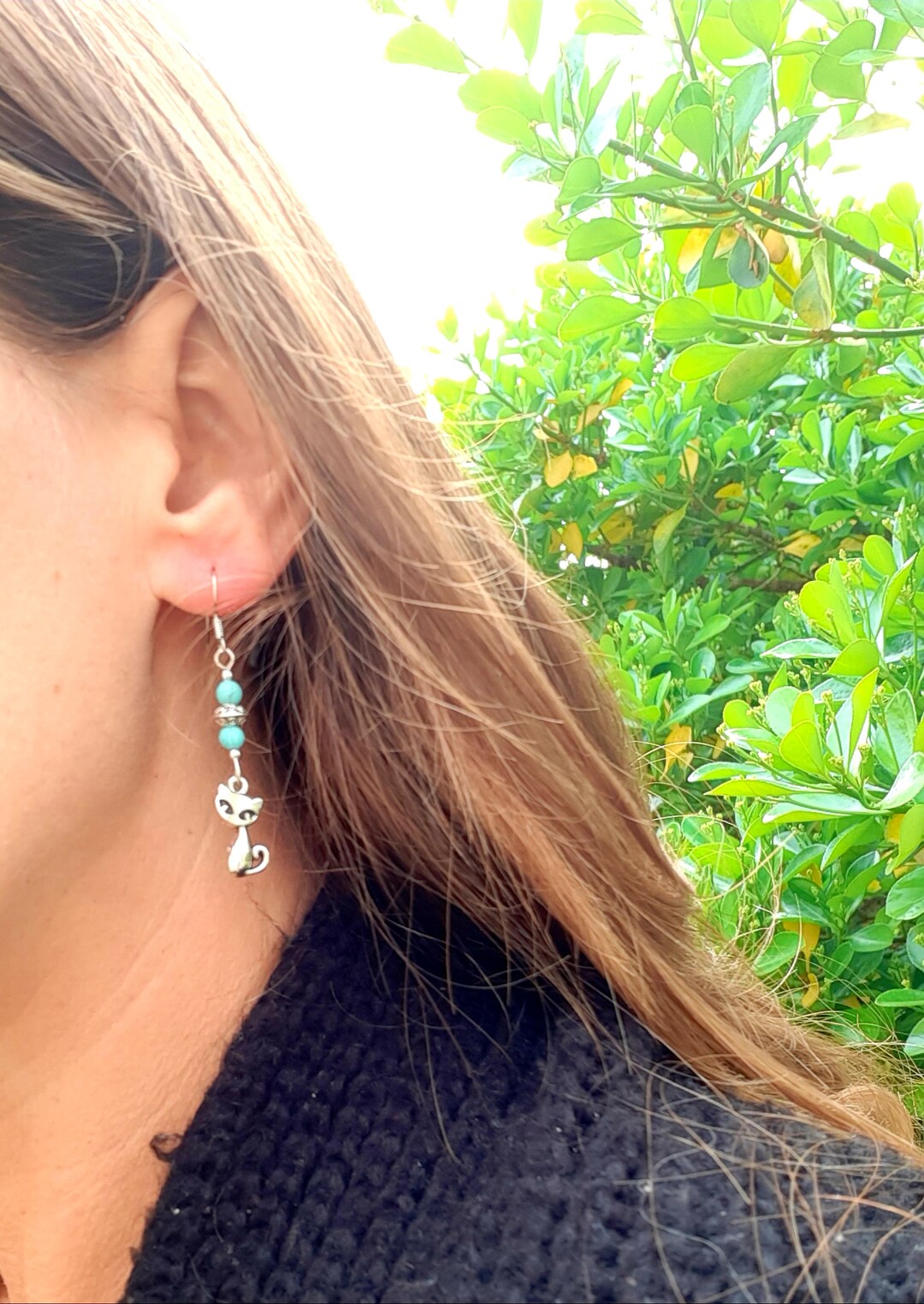 Silver Turquoise Blue Cat Earrings - Etsy