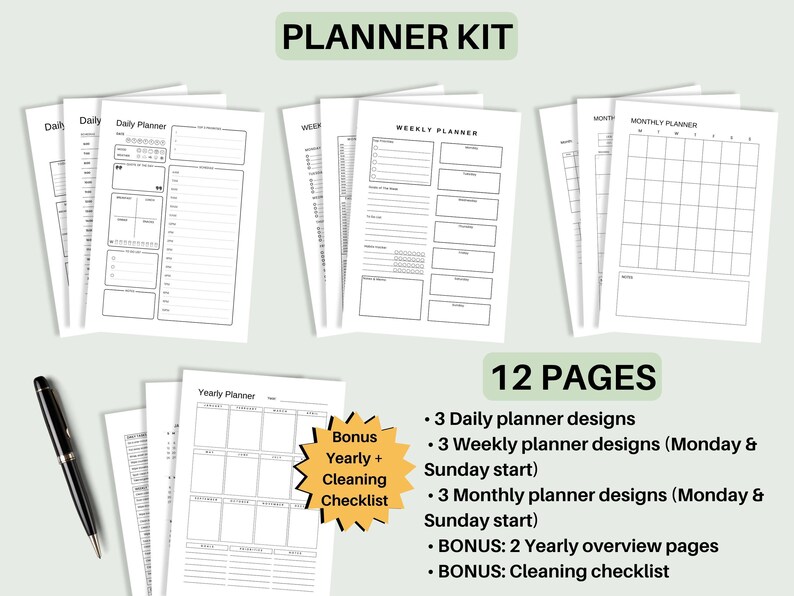 Undated Daily, Weekly & Monthly Printable Planner Bundle | Productivity ...