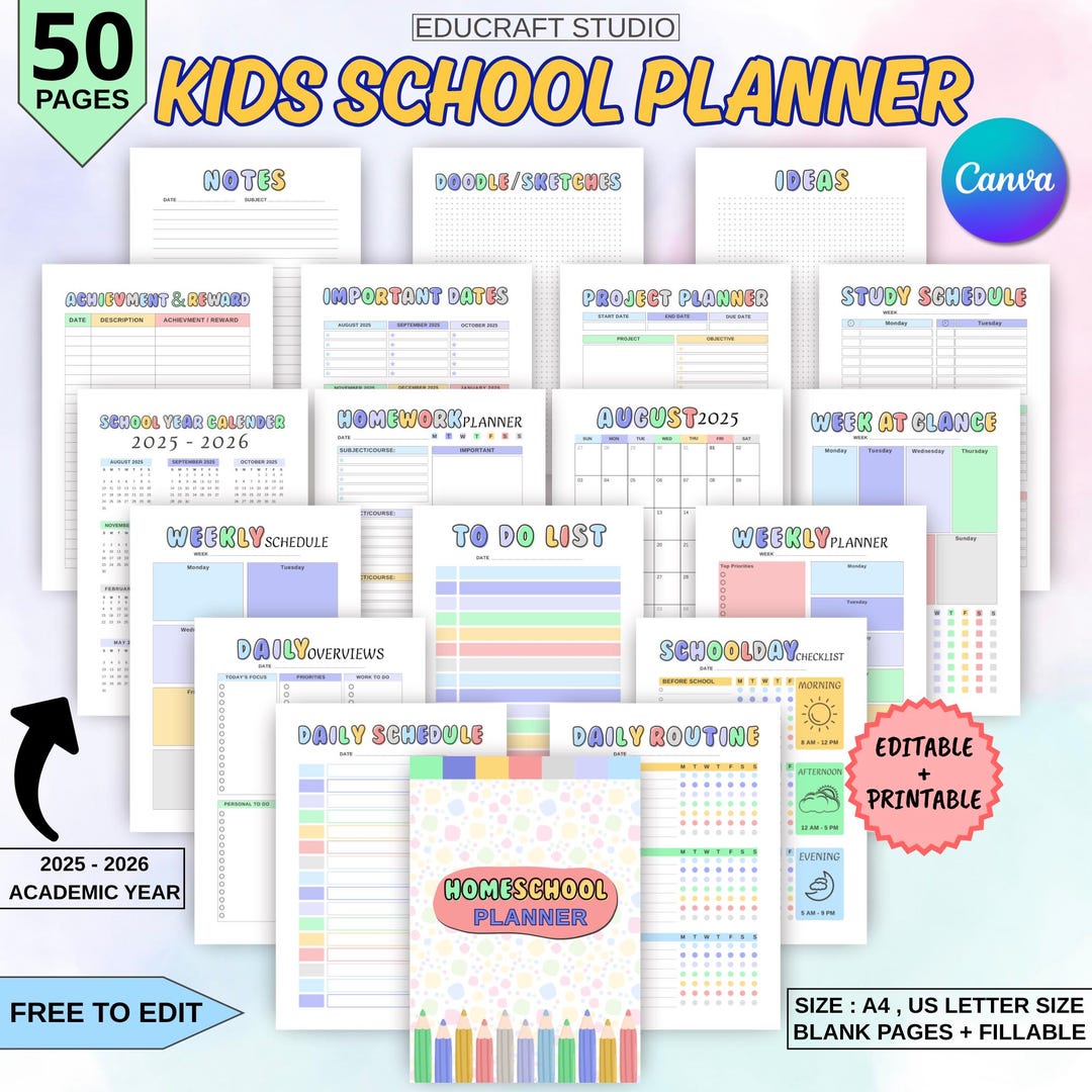 Editable School Planner for Kids 2025-2026, Printable, Digital PDF ...