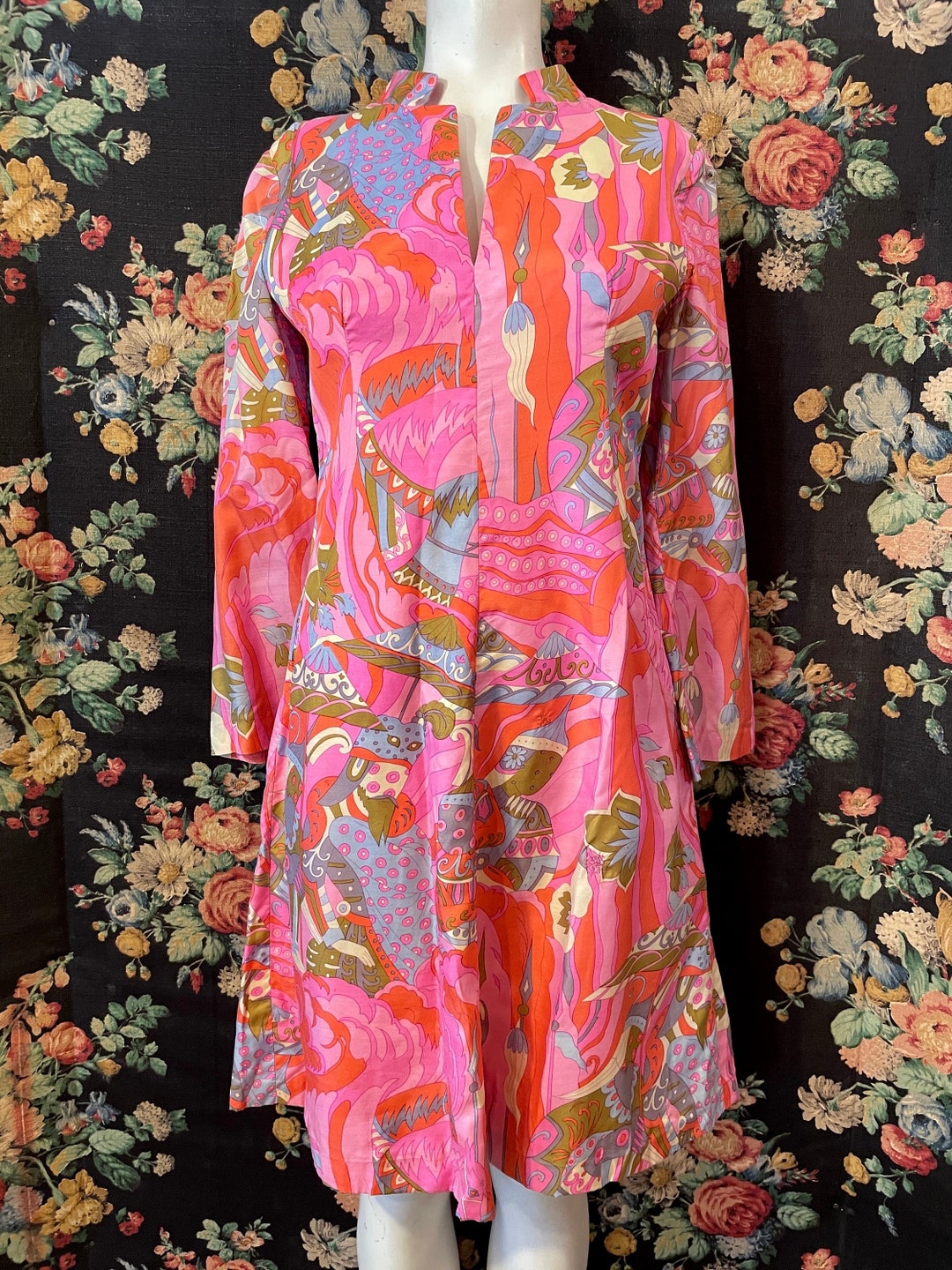 Vintage Designer Colin Glascoe Hot Pink 60s Psychedelic Mini Dress Size ...