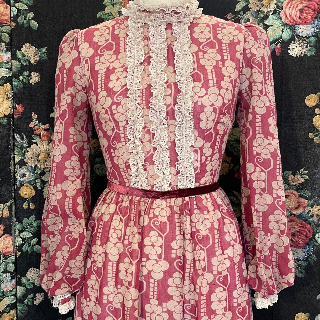Angela Gore 60s 70s Maxi Prairie Dress UK 10 Red Floral Lace Frill Neck ...