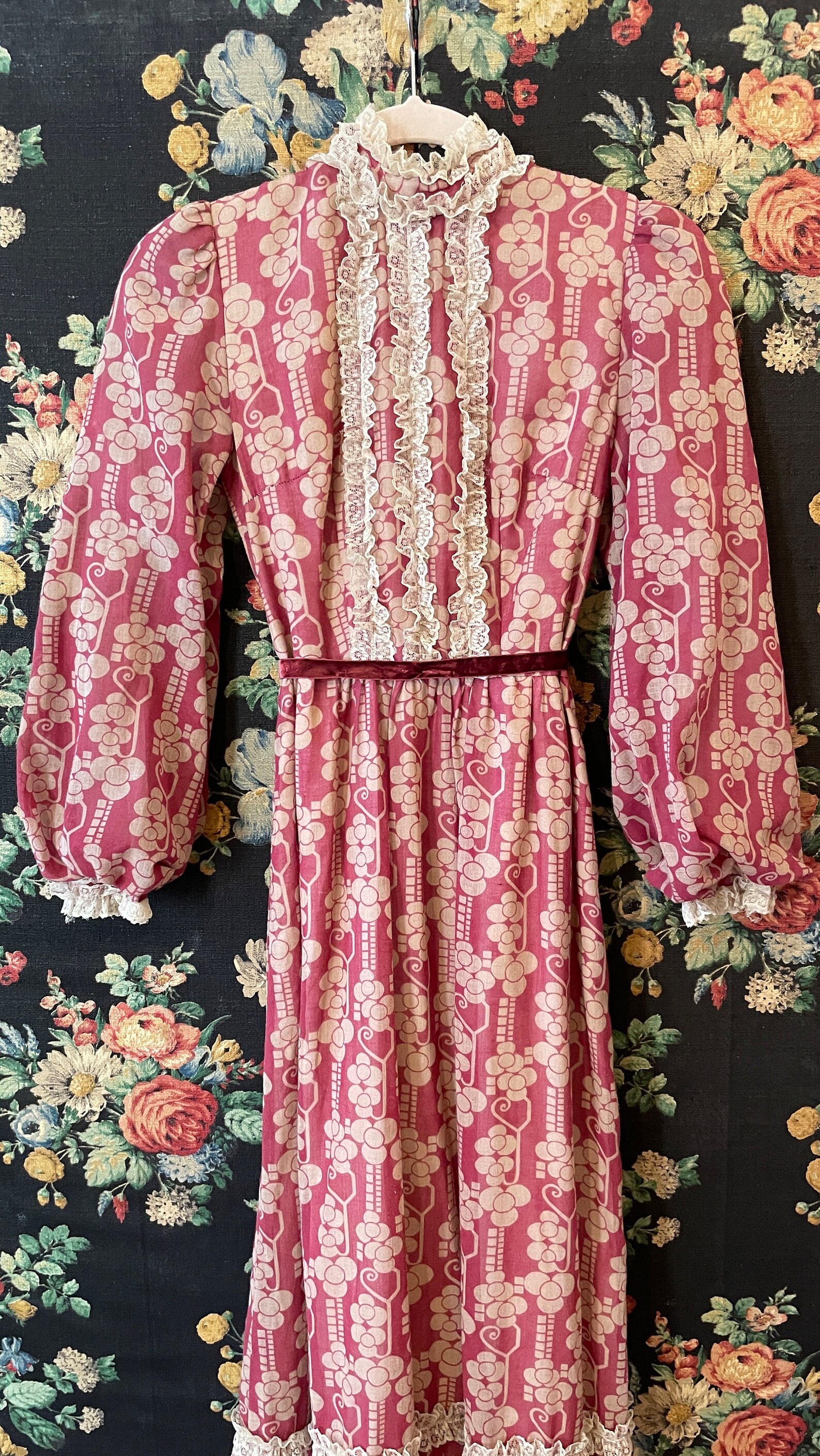 Angela Gore 60s 70s Maxi Prairie Dress UK 10 Red Floral Lace Frill Neck ...