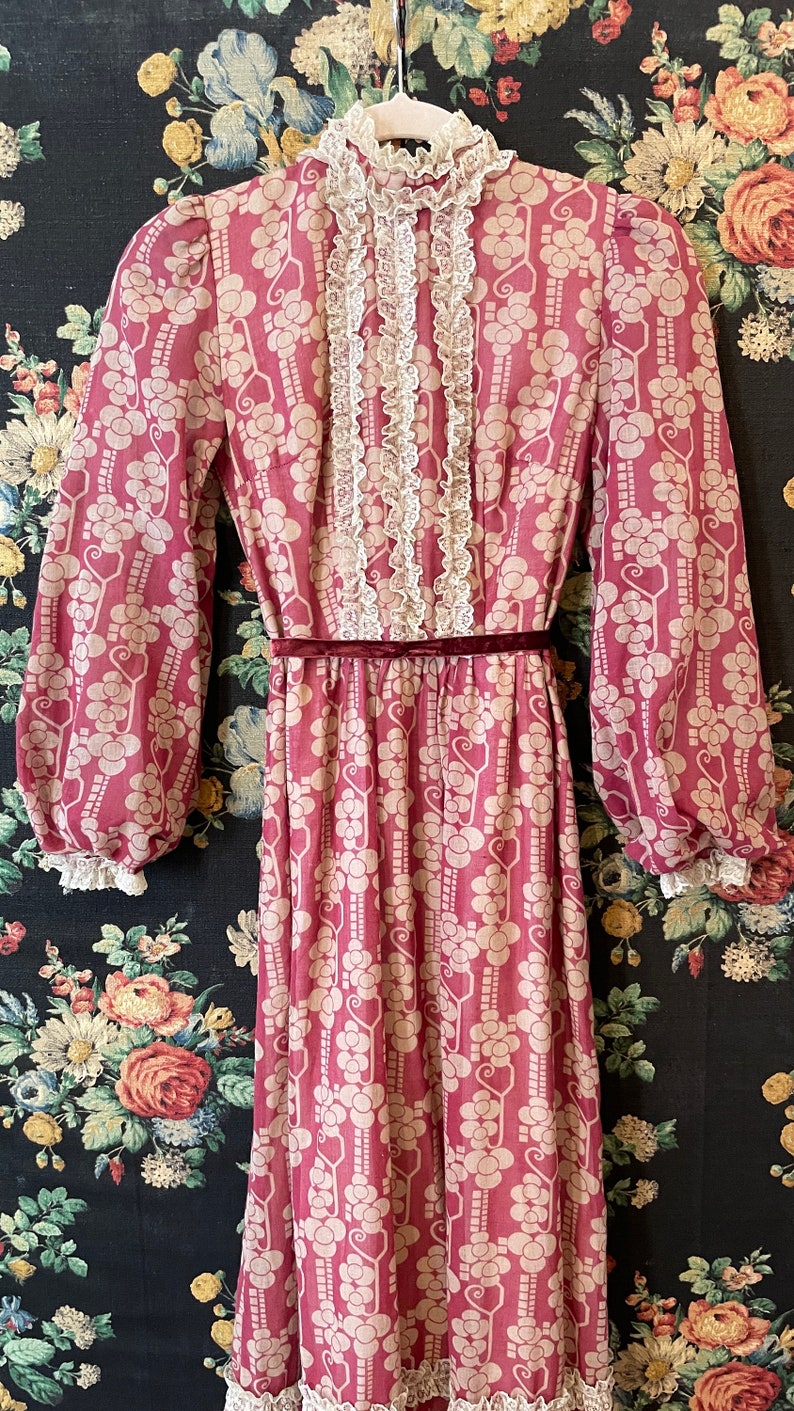 Angela Gore 60s 70s Maxi Prairie Dress UK 10 Red Floral Lace Frill Neck ...