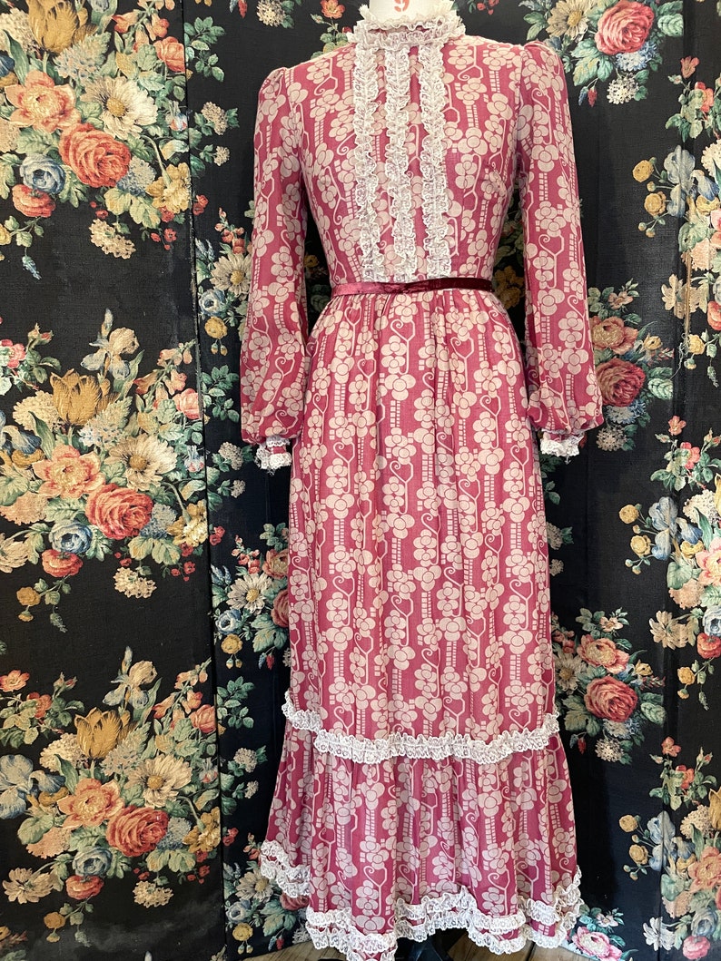 Angela Gore 60s 70s Maxi Prairie Dress UK 10 Red Floral Lace Frill Neck ...