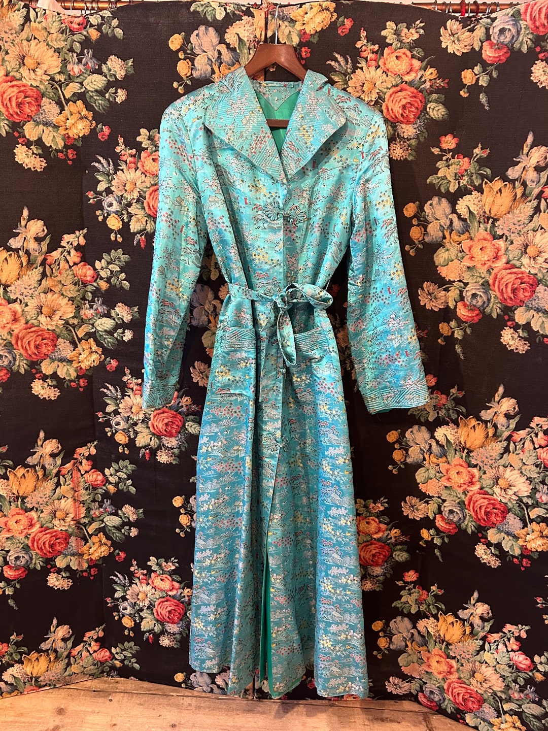 Vintage 1940s Long Turqoise Silk Brocade Coat - Etsy