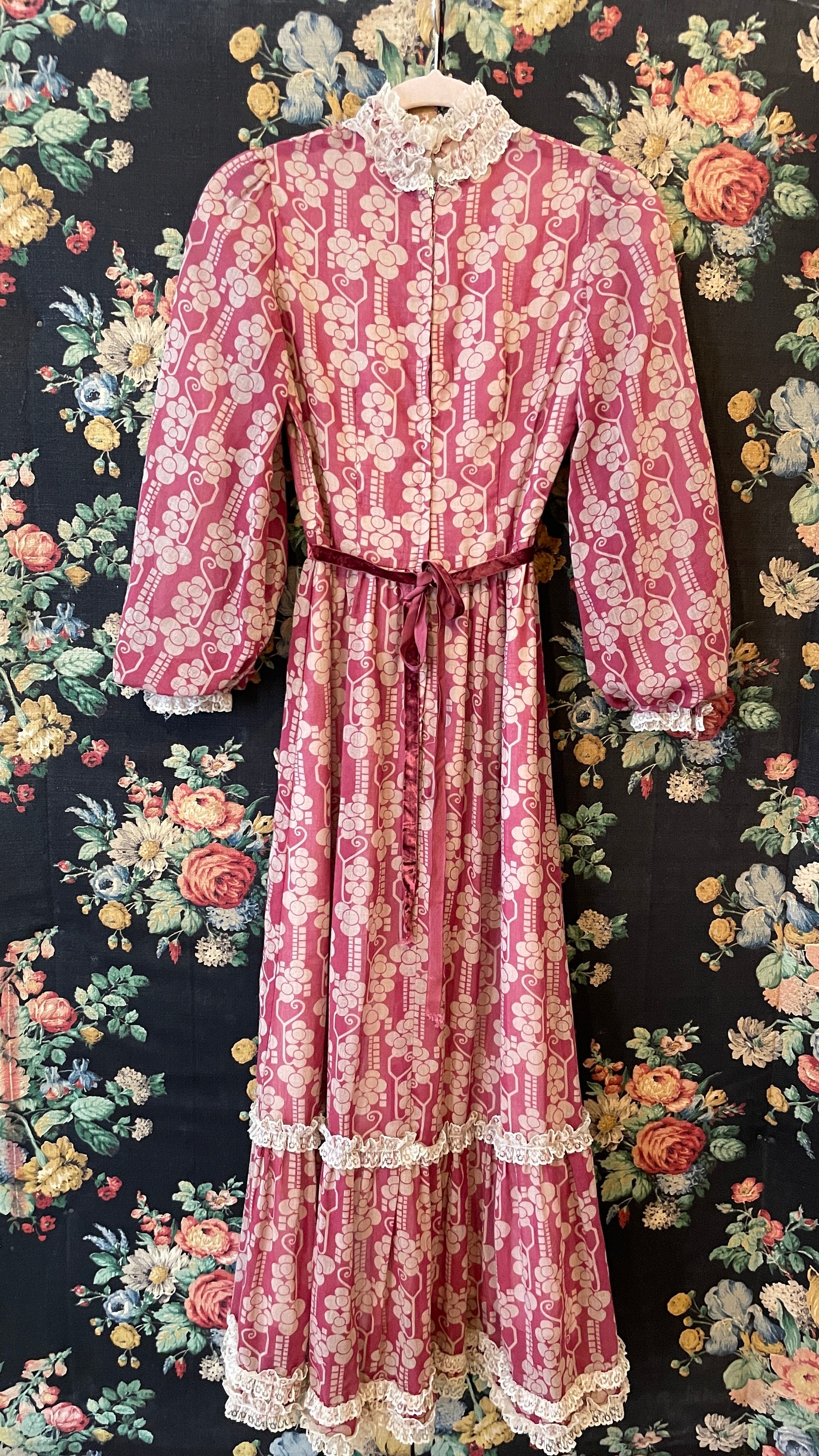 Angela Gore 60s 70s Maxi Prairie Dress UK 10 Red Floral Lace Frill Neck ...