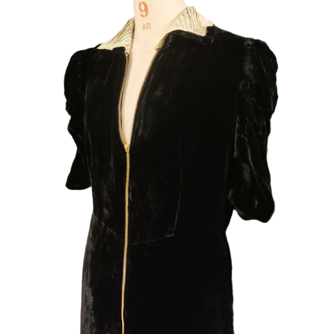 Vintage 1940s Black Velvet Dress Sexy Gold Zip up Front Wednesday ...