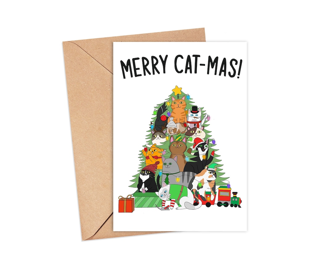 Merry Cat-mas Cat Christmas Card Funny Cat Card - Etsy