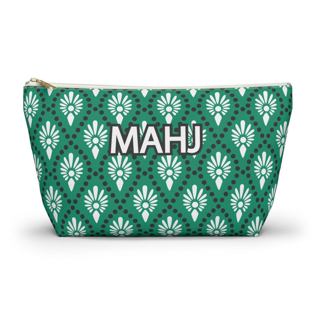 Mahjong Tile Bag - Green Block Print - Canvas Zip Pouch - Mahj Tile ...