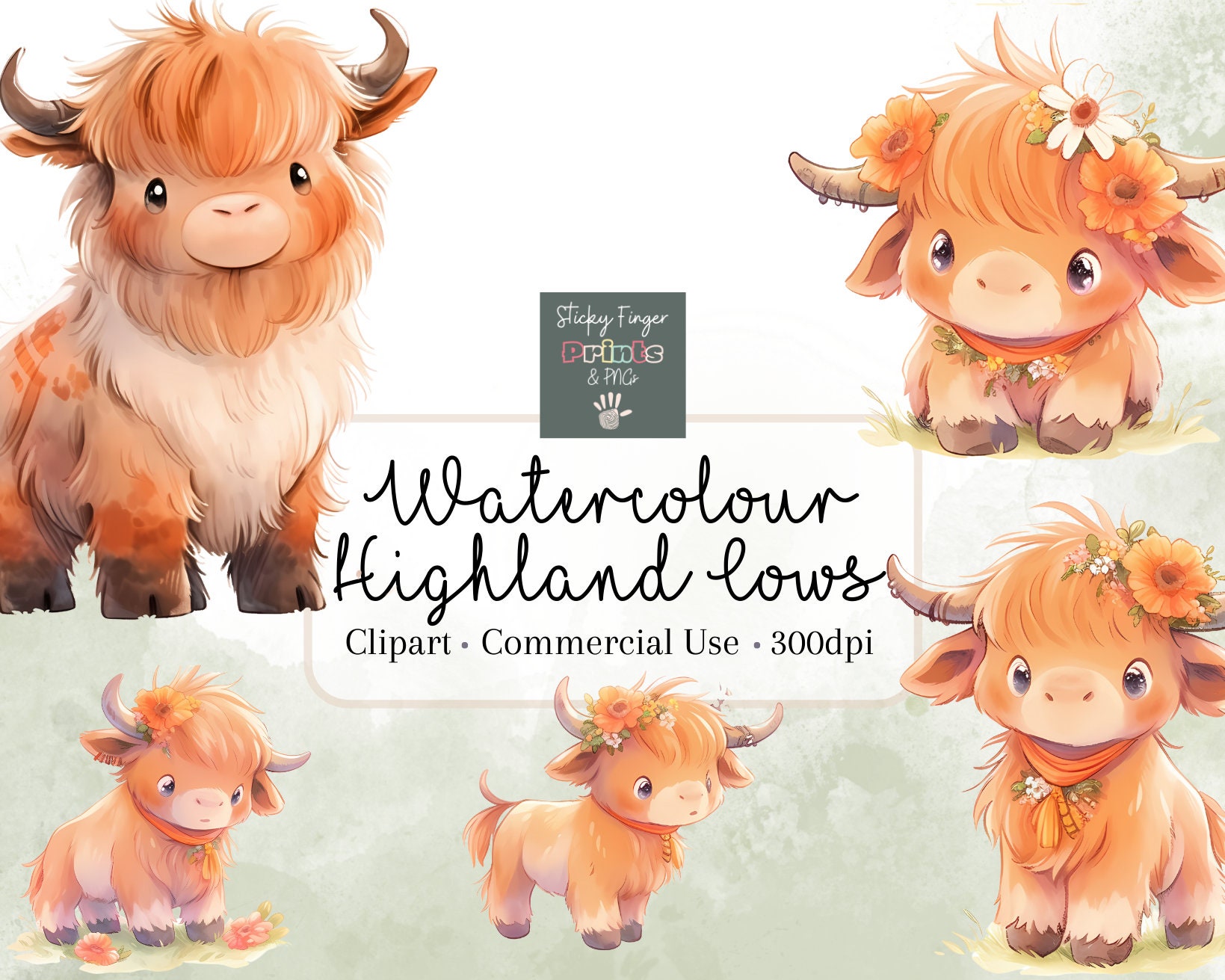Watercolor Baby Highland Cow Clipart Set With Bonus Woodland Elements ...