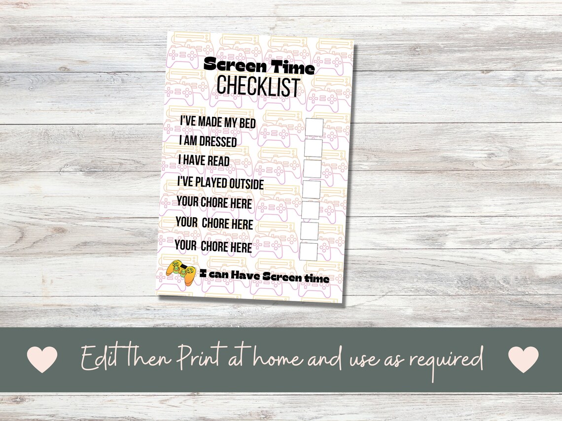 Editable Kids Screen Time Checklist Chart. Printable Chore - Etsy