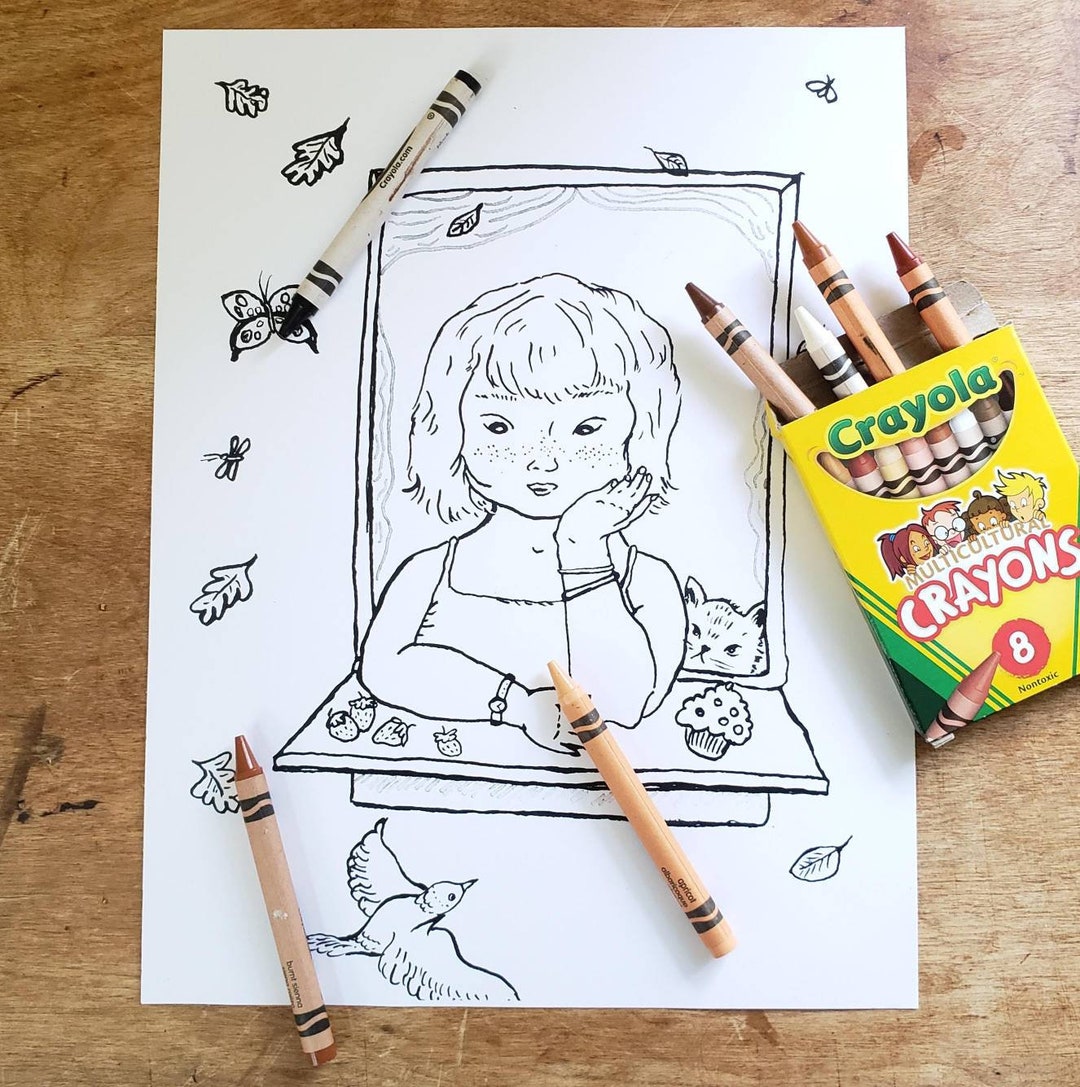 Kids Coloring Sheet PRINTABLE Daydreaming Girl With Bird and Cat ...