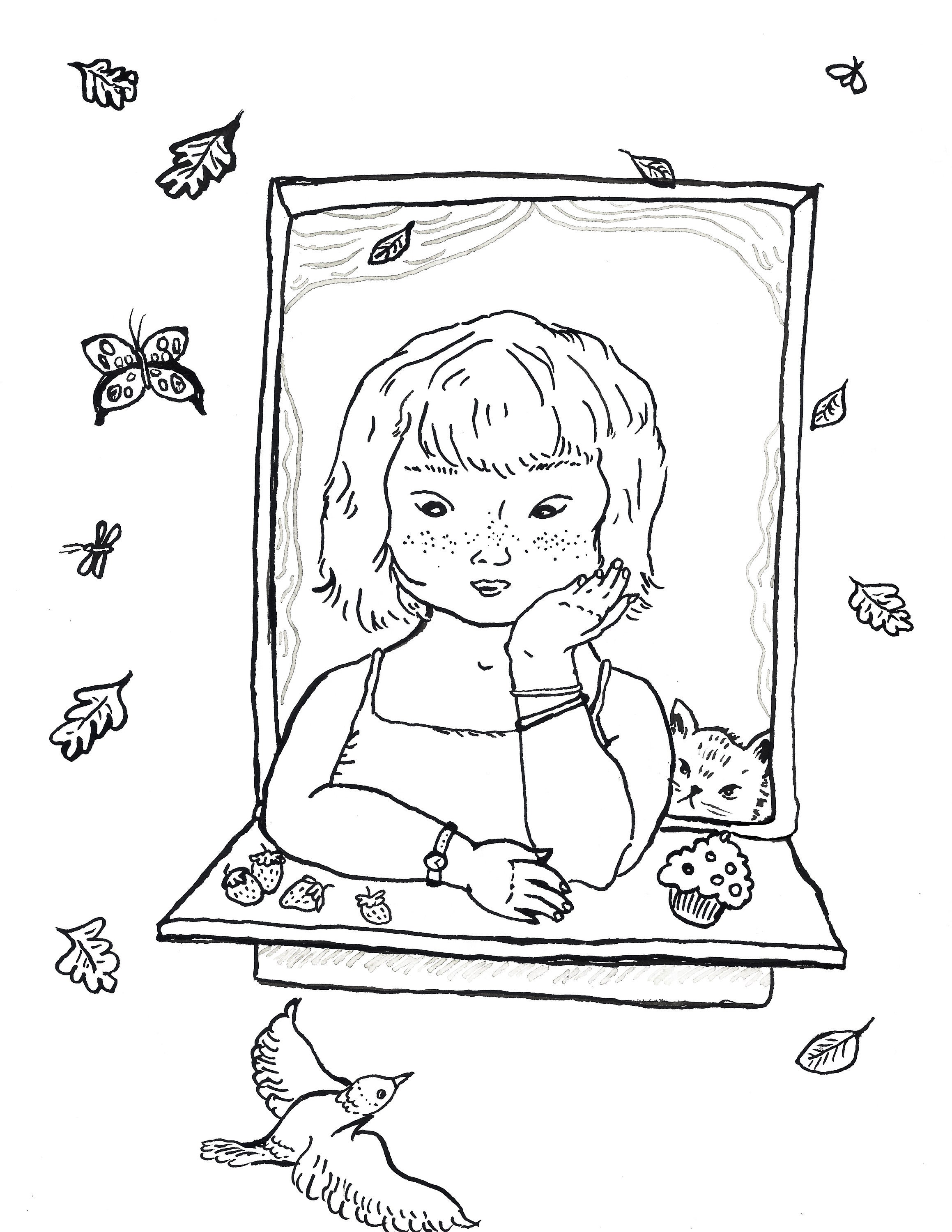 Kids Coloring Sheet PRINTABLE Daydreaming Girl With Bird and Cat ...