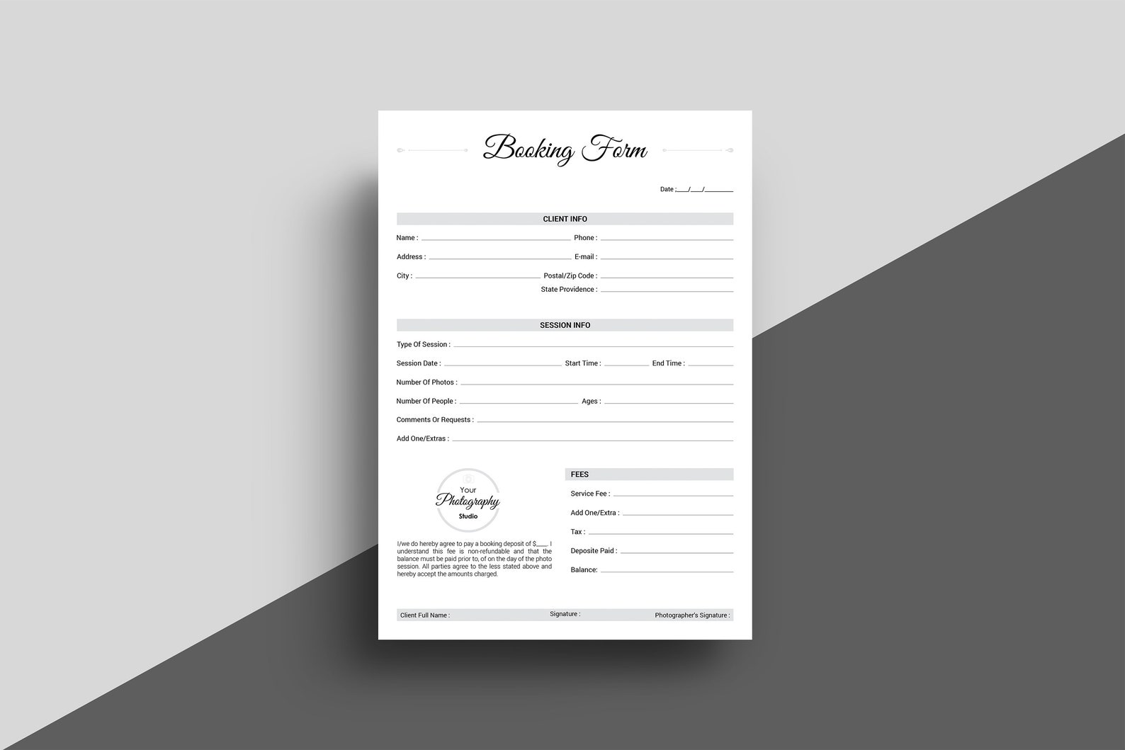 Client Booking Form, Business Forms for Photographers, Photoshop ...
