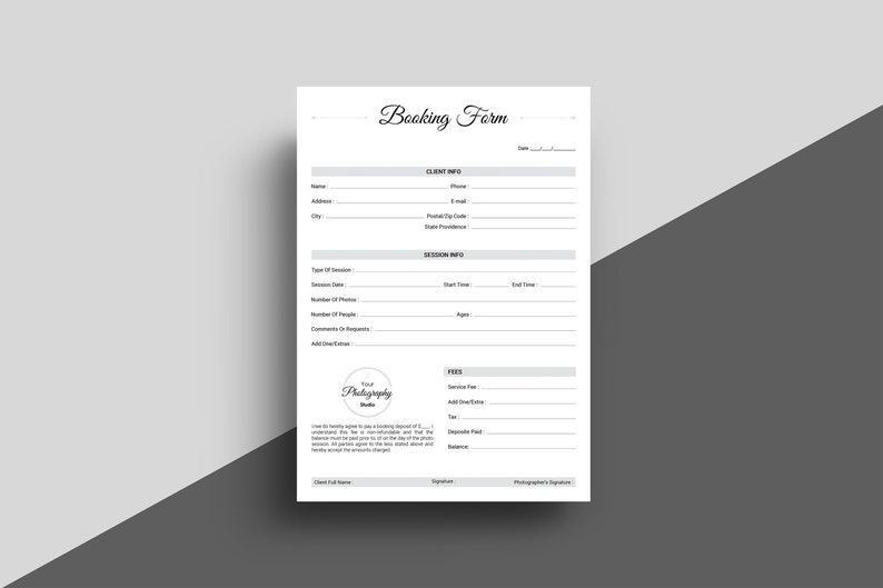 Client Booking Form, Business Forms for Photographers, Photoshop ...