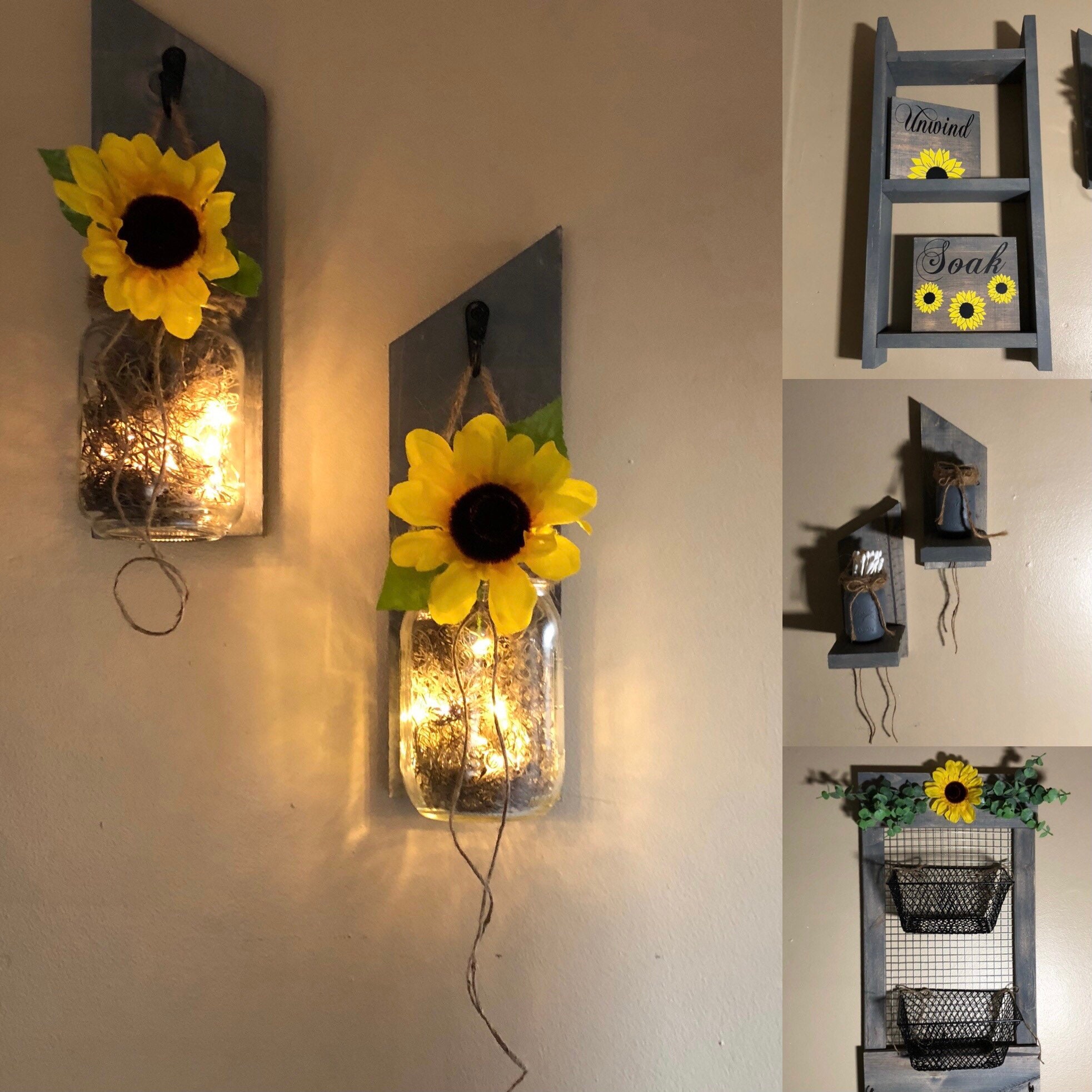 6 Piece Wooden Ladder Organizer Shelves and Wall Sconce Set | Etsy