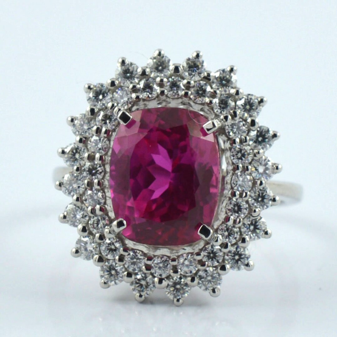 6.05 Ct Certified Ruby Long Cushion Cut, Diamond Ring 14KT White Gold ...