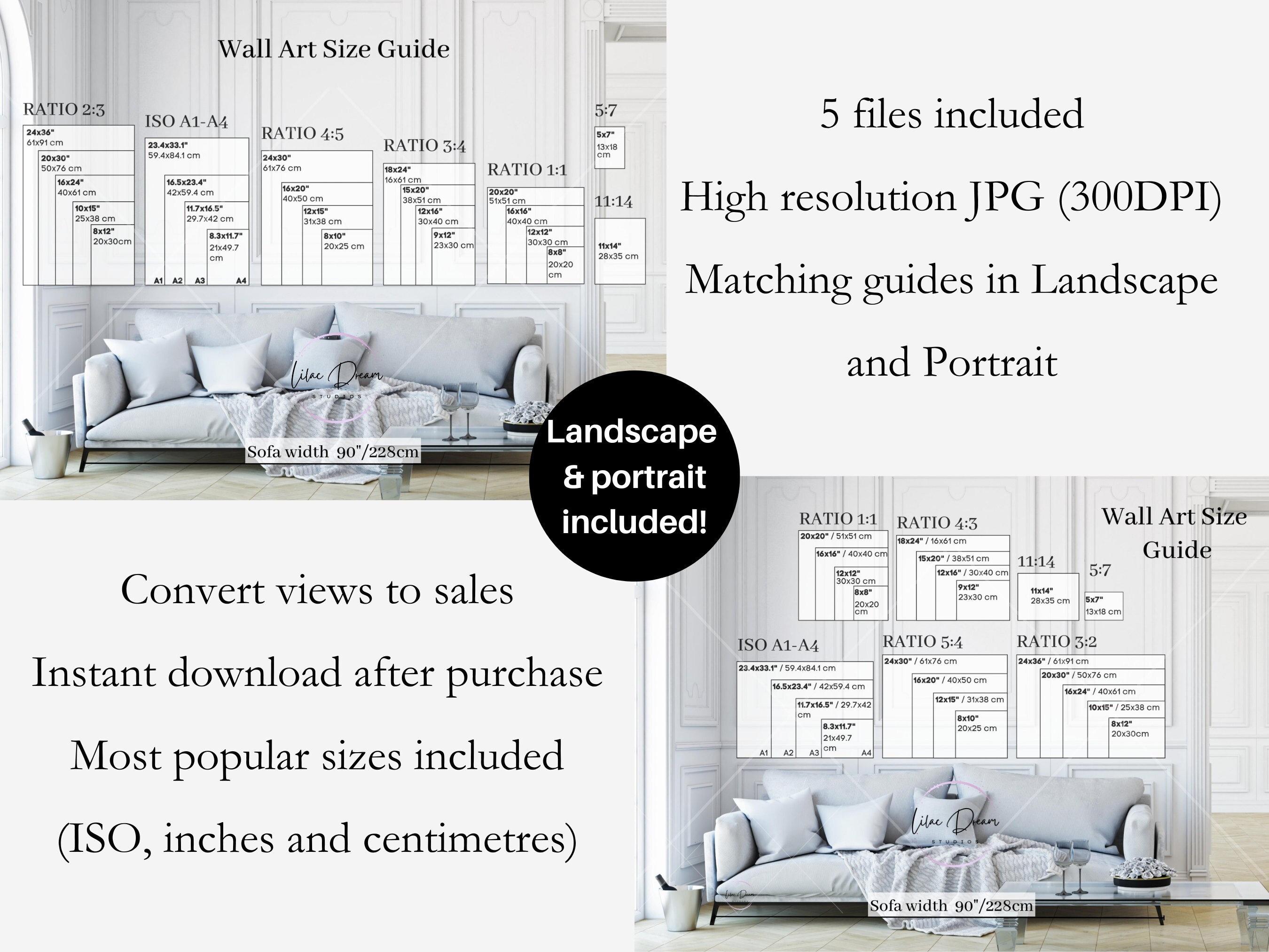Living Room Wall Art Size Chart | Horizontal Frame Size Mockup | Ratio ...