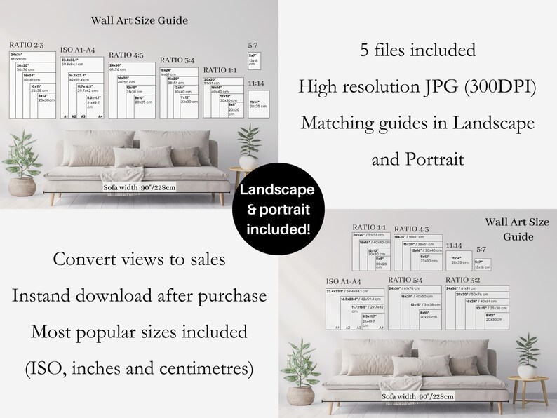 Living Room Wall Art Size Guide | Horizontal Frame Size Mockup | Ratio ...