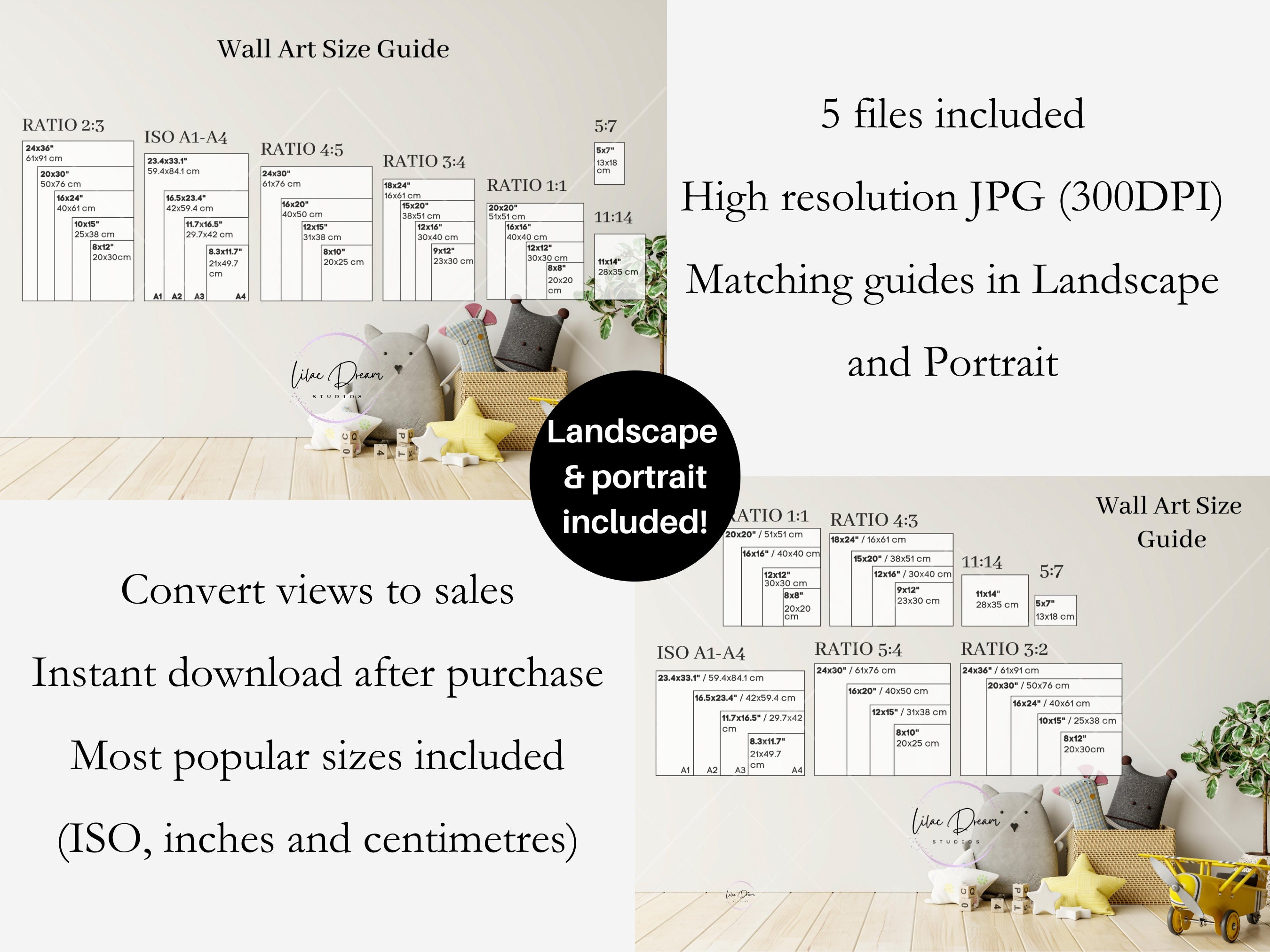 Nursery Wall Art Size Guide | Horizontal Frame Size Mockup | Ratio A1 ...
