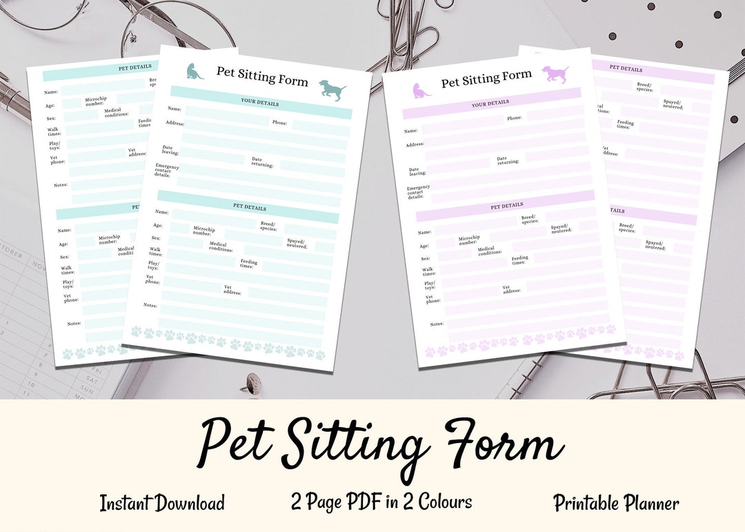 Printable Pet Sitting Form, Instant Download Pet Planner, Pet Binder ...