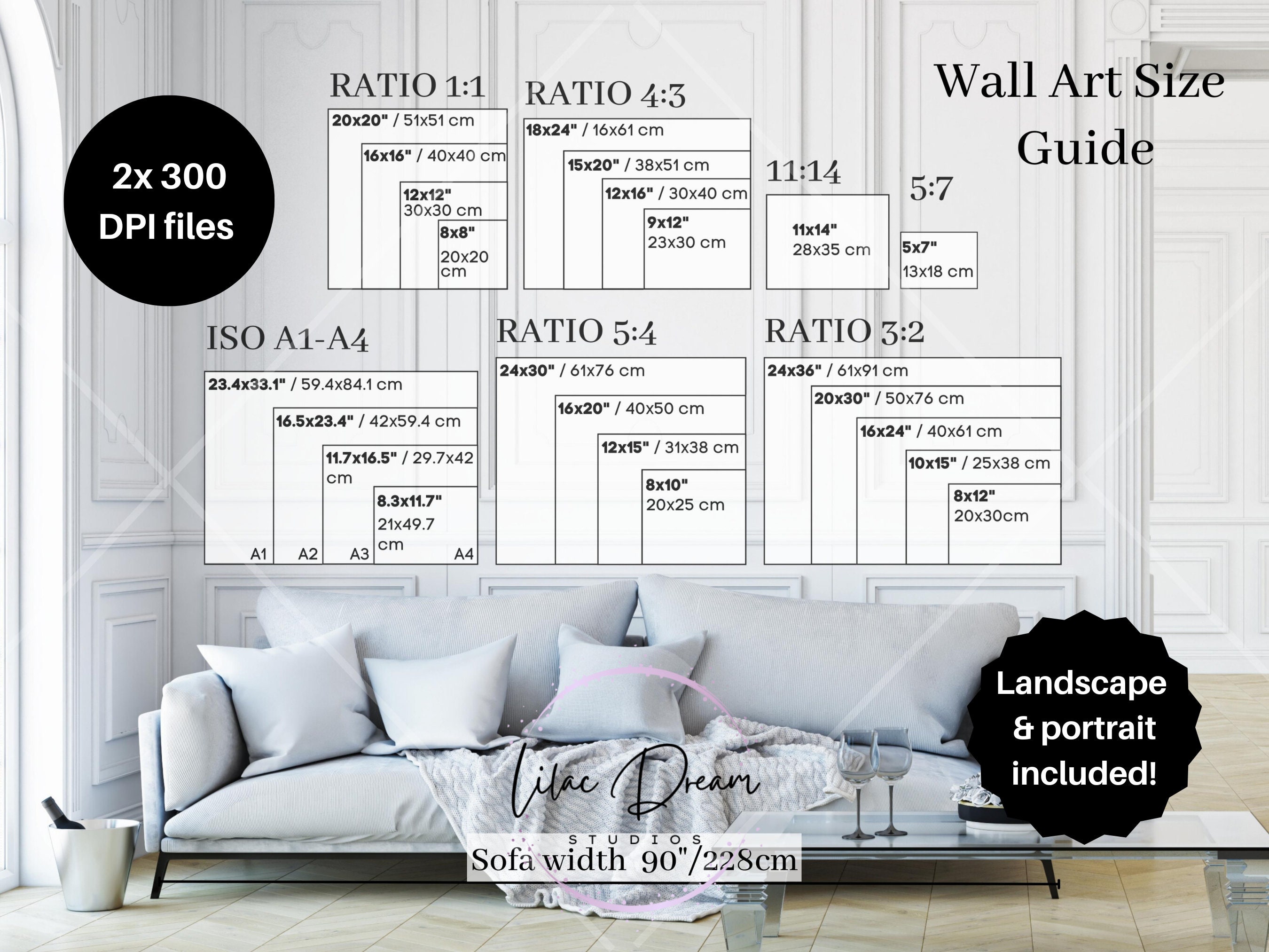 Living Room Wall Art Size Guide Horizontal Frame Size Mockup Ratio A1 ...