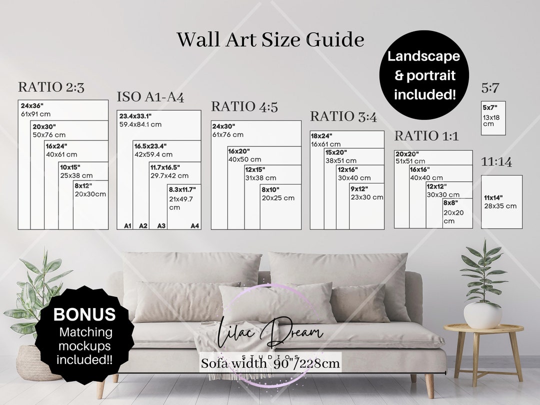 Living Room Wall Art Size Guide | Horizontal Frame Size Mockup | Ratio ...