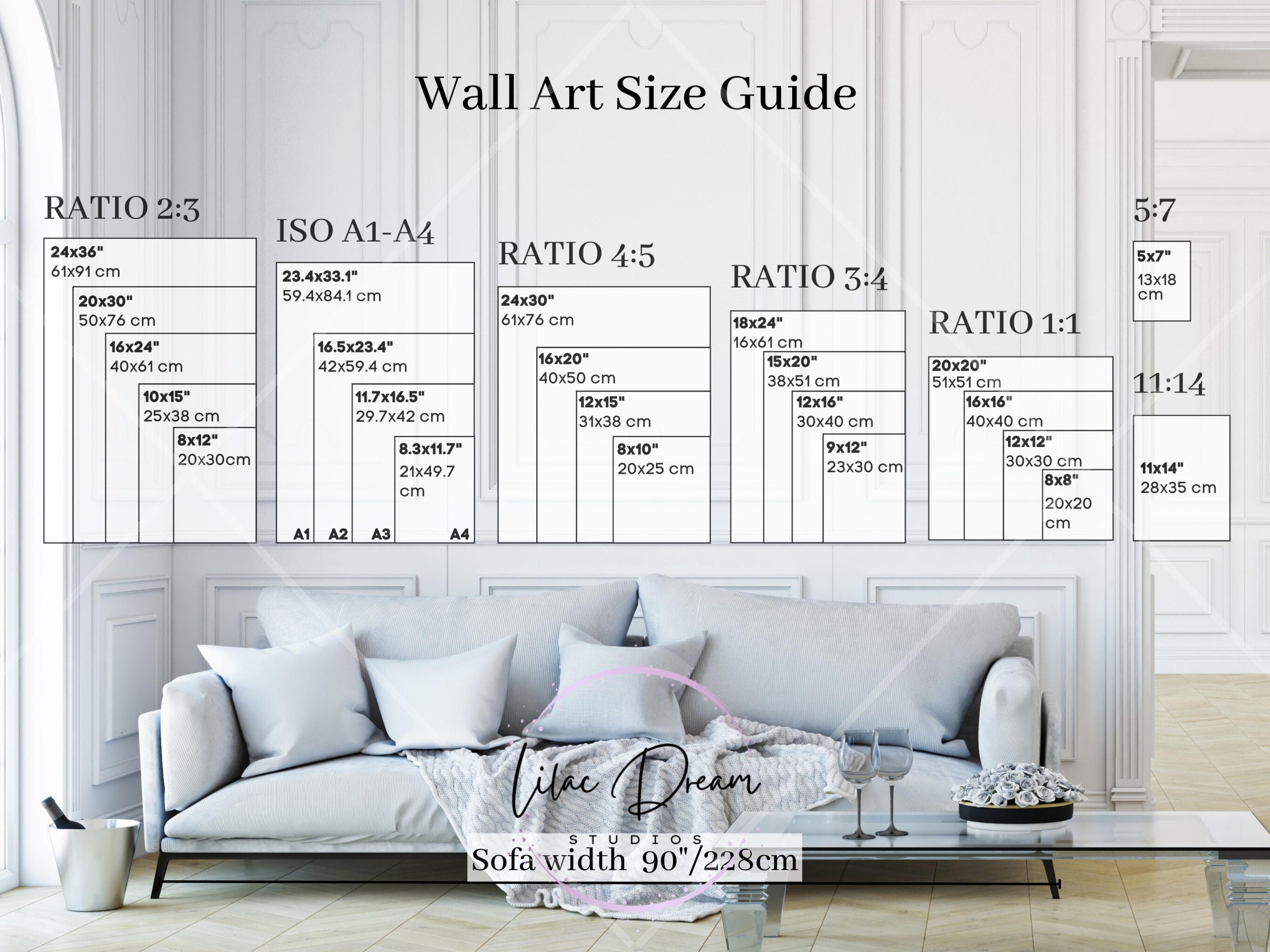 Living Room Wall Art Size Guide Horizontal Frame Size Mockup Ratio A1 ...