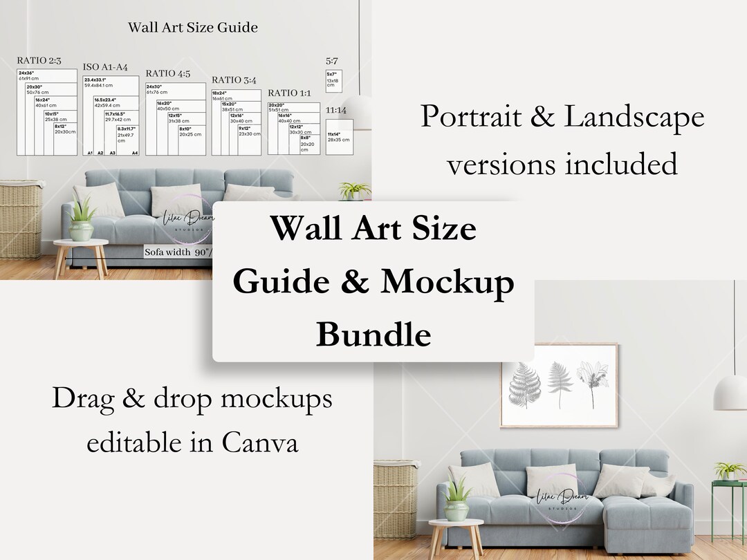 Living Room Wall Art Size Guide | Horizontal Frame Size Mockup | Ratio ...