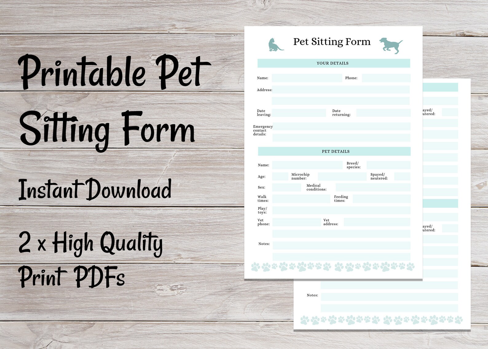 Printable Pet Sitting Form, Instant Download Pet Planner, Pet Binder ...