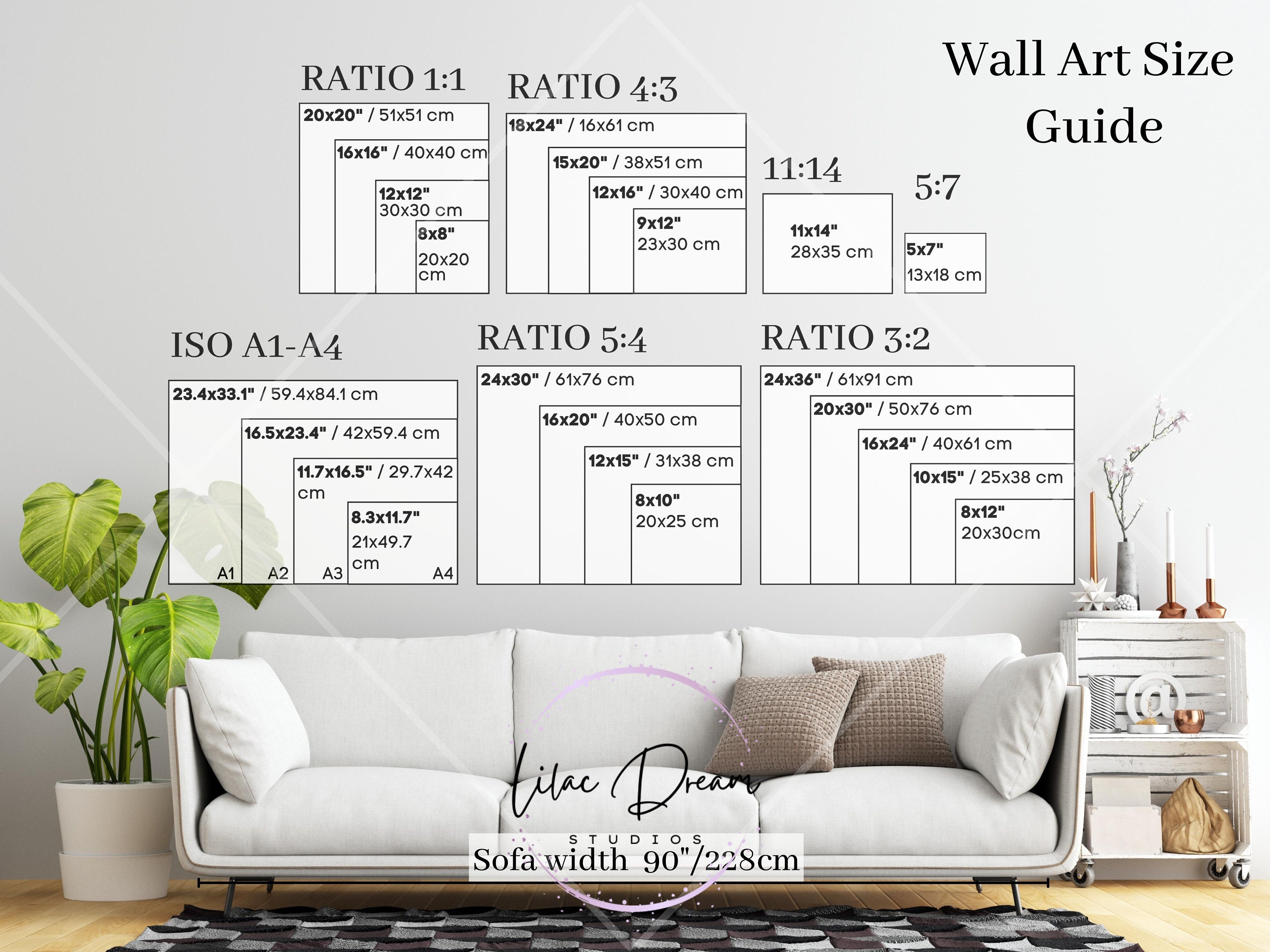 Living Room Wall Art Size Guide | Horizontal Frame Size Mockup | Ratio ...