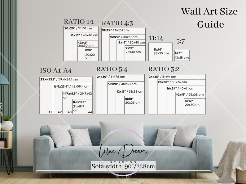 Living Room Wall Art Size Guide Horizontal Frame Size Mockup Ratio A1 ...