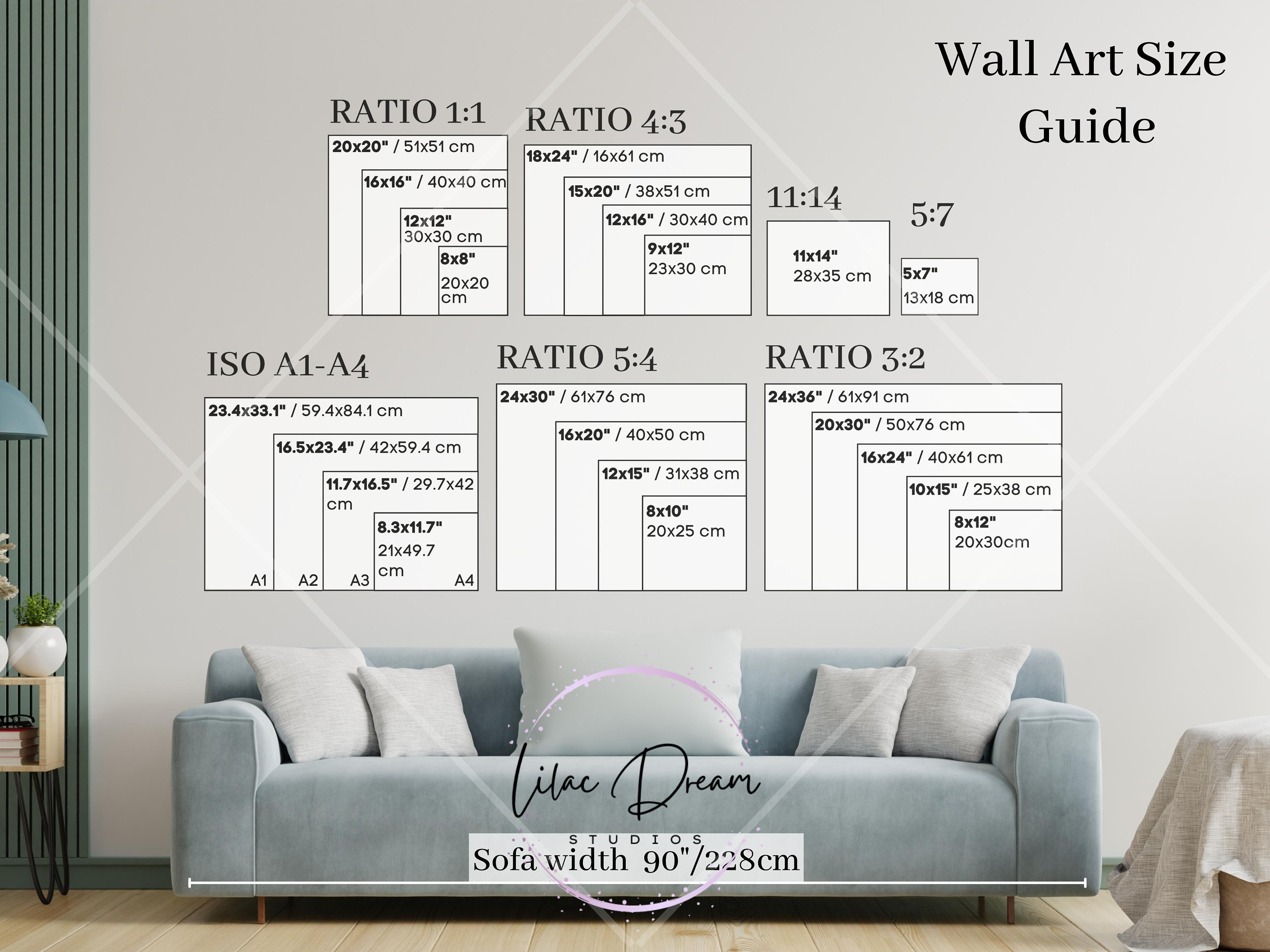 Living Room Wall Art Size Guide | Horizontal Frame Size Mockup | Ratio ...