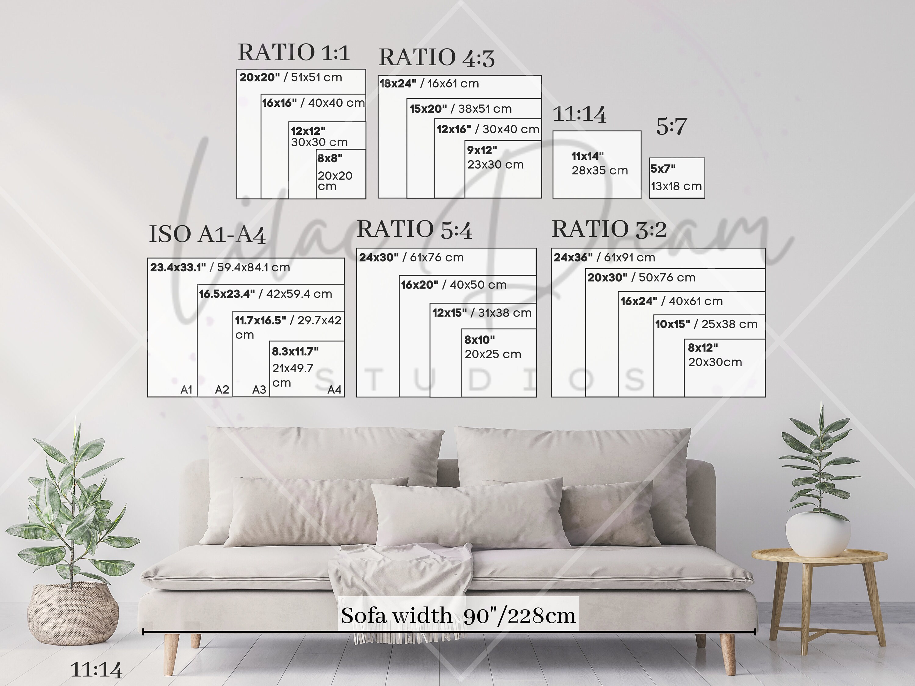 Editable Wall Art Size Guide | Horizontal Art Size Mockup | Ratio A1 to ...