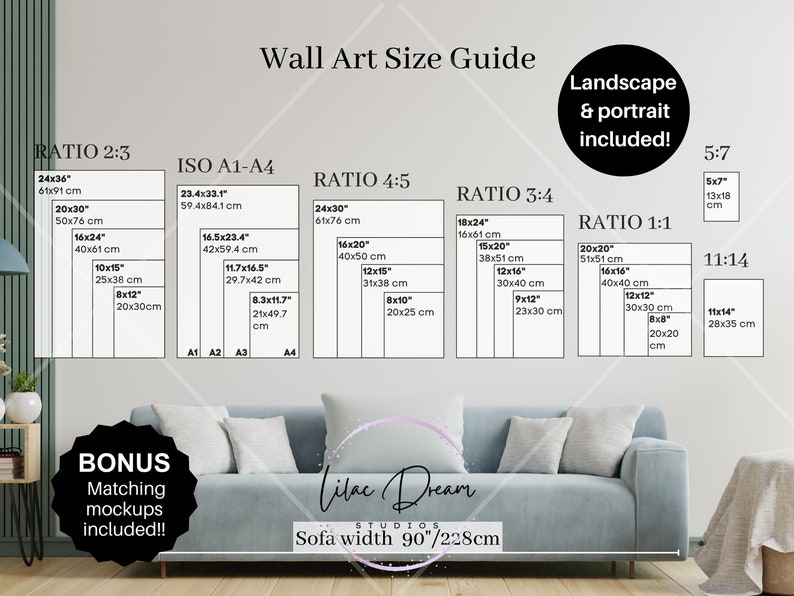 Living Room Wall Art Size Guide | Horizontal Frame Size Mockup | Ratio ...
