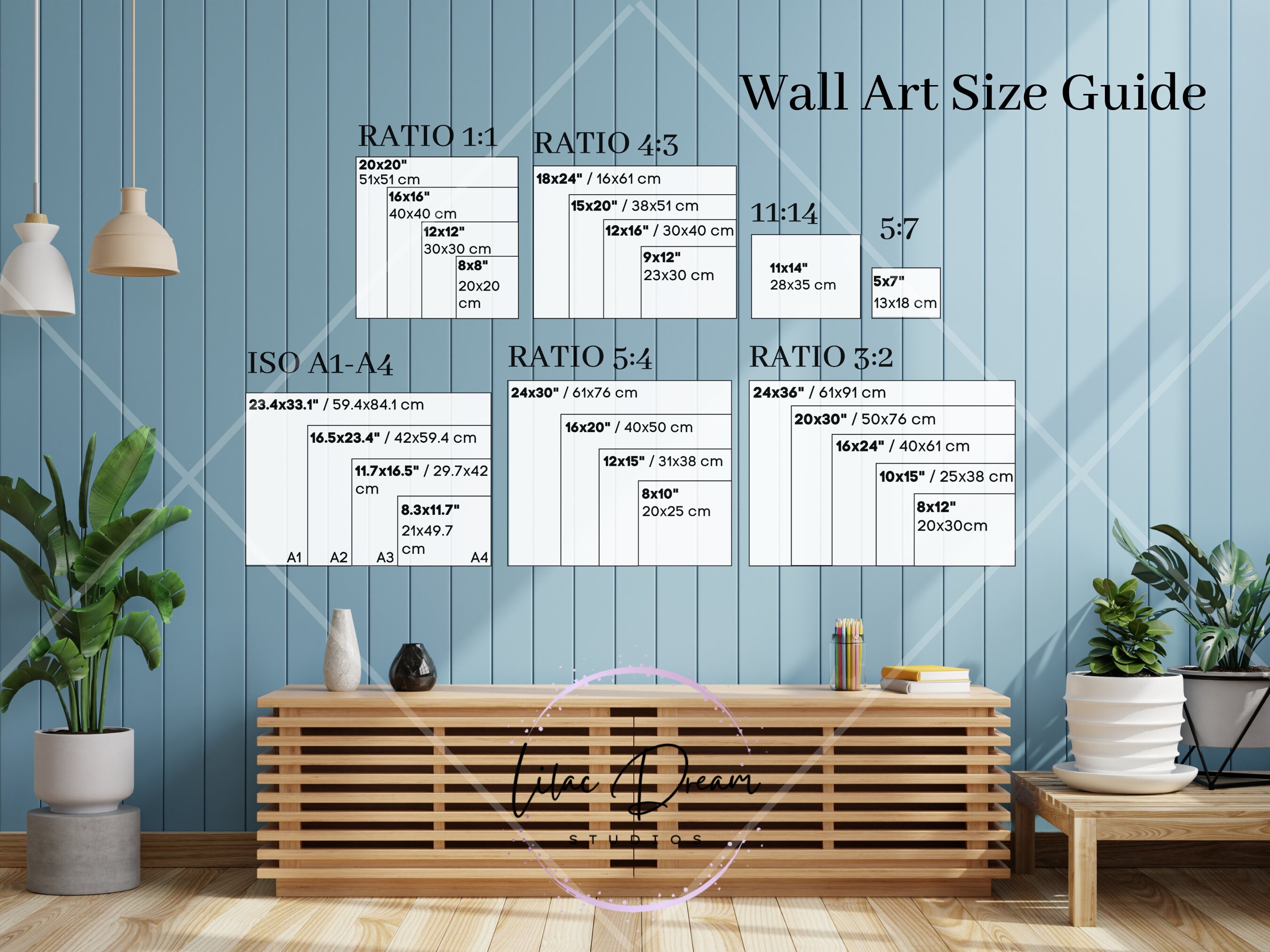 Living Room Wall Art Size Guide | Horizontal Frame Size Mockup | Ratio ...