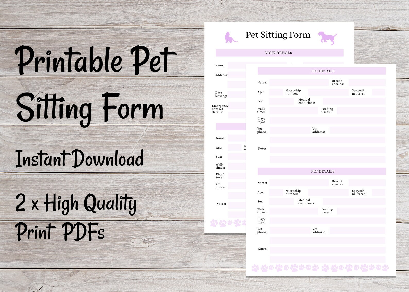Printable Pet Sitting Form, Instant Download Pet Planner, Pet Binder ...