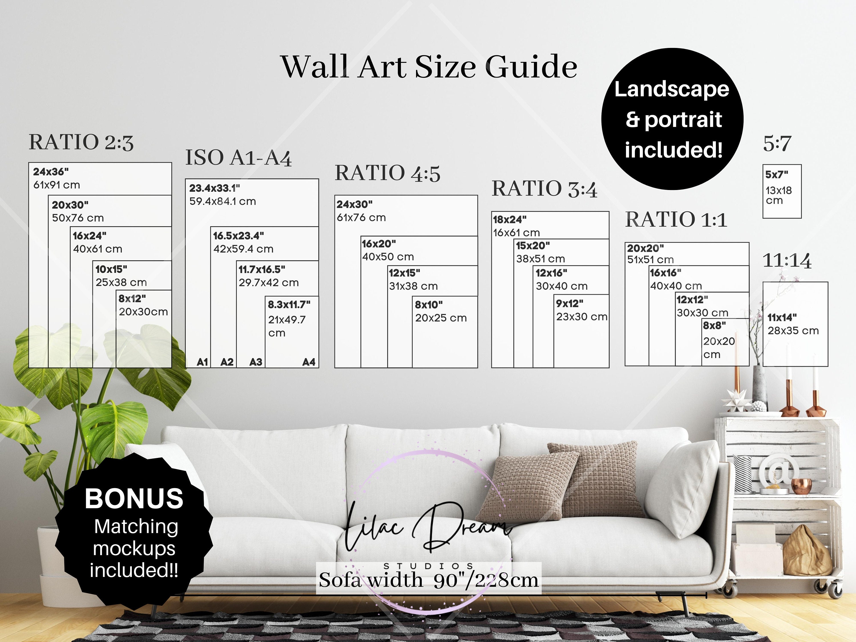 Living Room Wall Art Size Guide | Horizontal Frame Size Mockup | Ratio ...