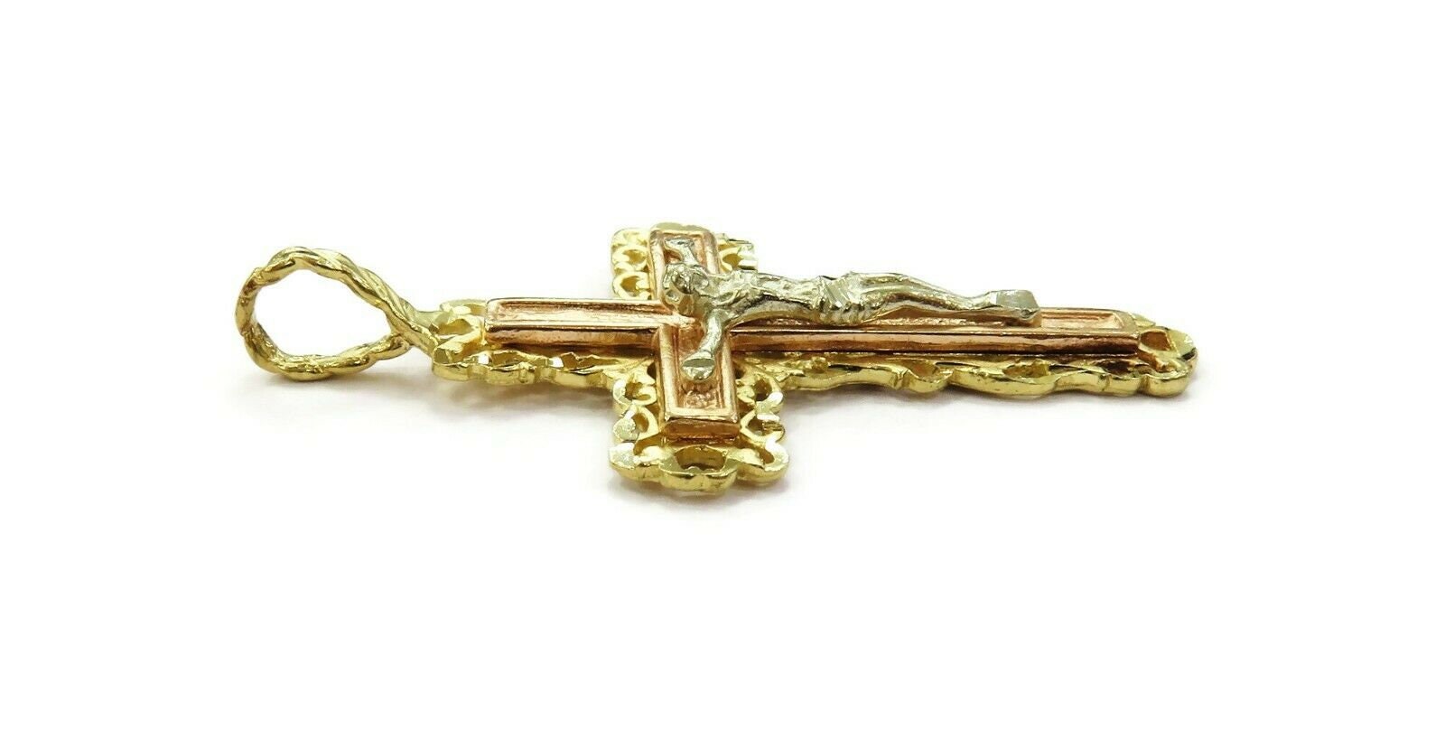 14K Yellow Gold Tri Color Gold Cross Crucifix Charm Necklace Pendant ...