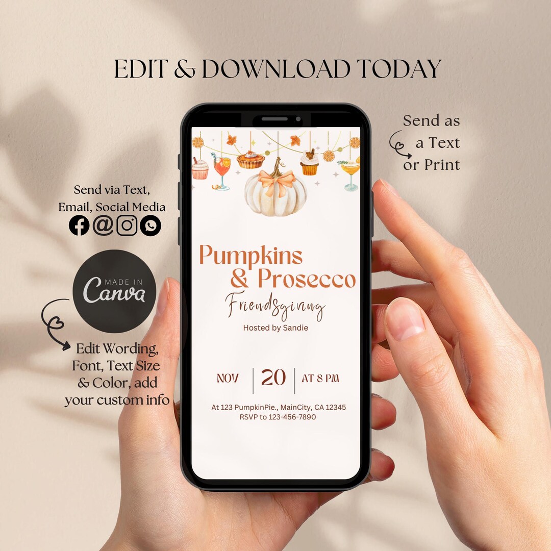 Pumpkin and Prosecco Friendsgiving Invite, Fall Brunch Editable Text ...