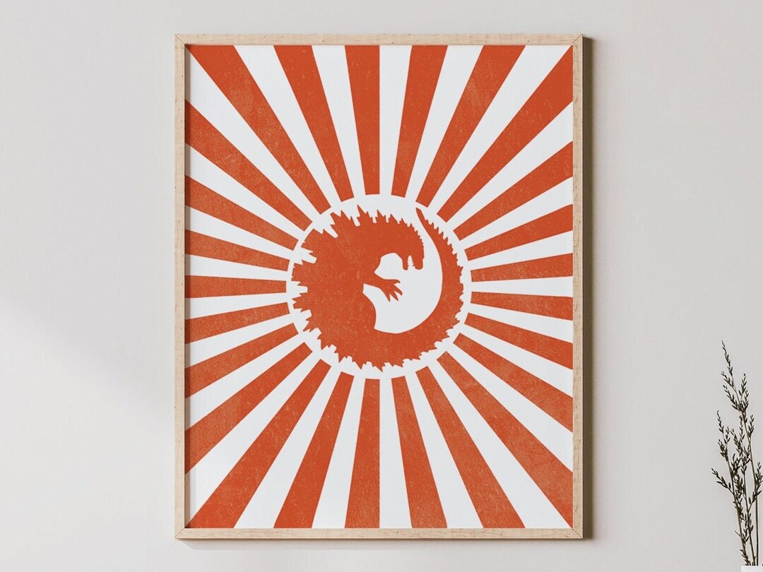 Godzilla Red Sun Mid Century Print - Modern Boho Godzilla Wall Art, ゴジラ ...