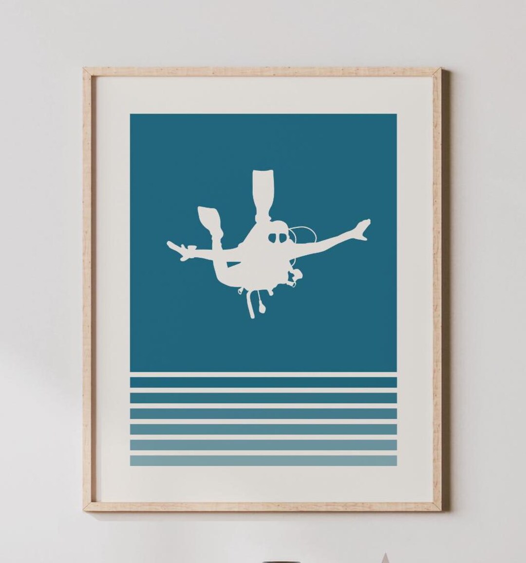 Scuba Diving Art - Retro Gradient Lines - Male Scuba Diver Print, Scuba ...