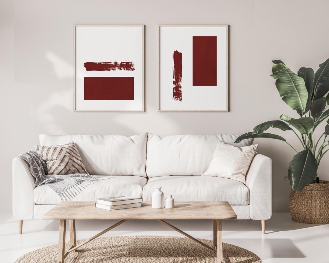 Abstract Maroon Wall Art - Minimalist Japandi Wall Art, Maroon Bedroom ...