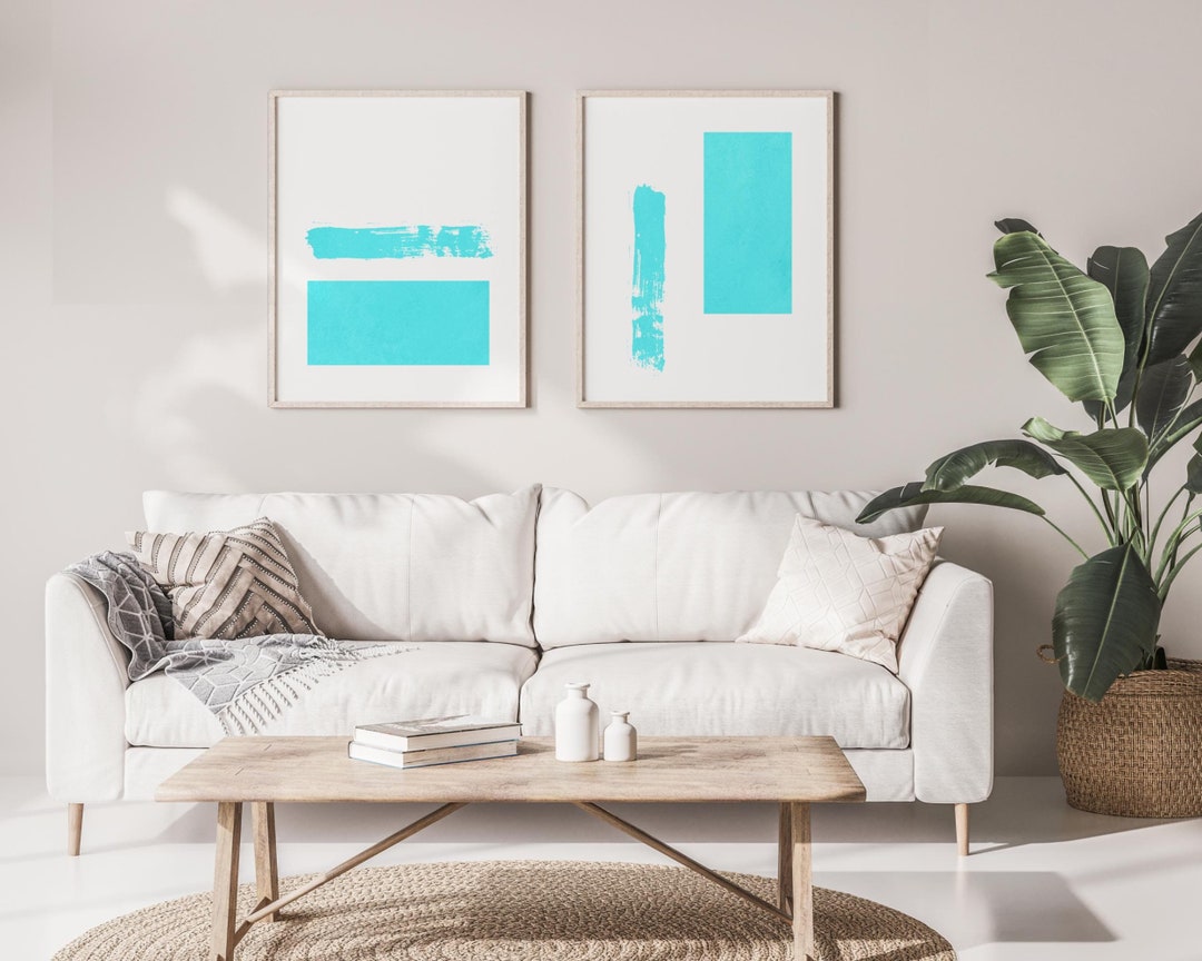 Abstract Cyan Wall Art - Minimalist Japandi Wall Art, Cyan Bedroom Wall ...