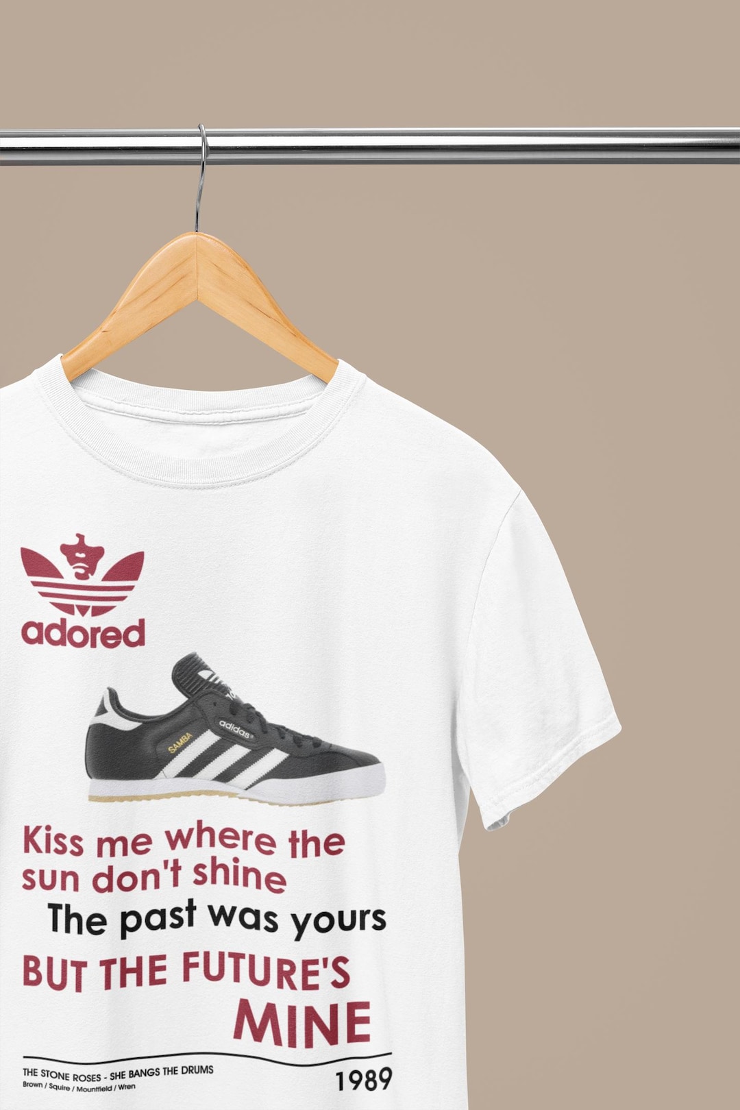 The STONE ROSES She Bangs the Drums Lyric & Samba Trainer T-shirt With ...