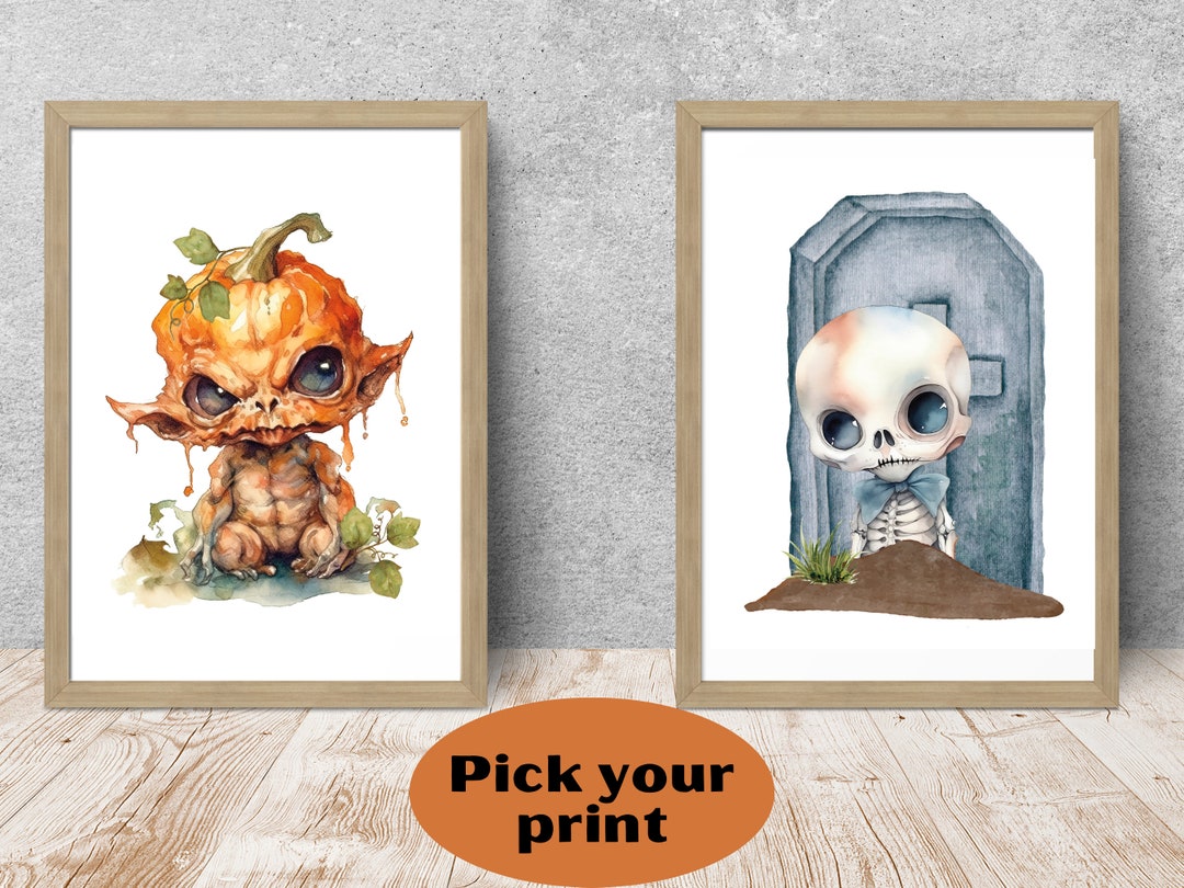 Baby Monster Art Print, Nursery Decor, Baby Skeleton Pumpkin Monster ...