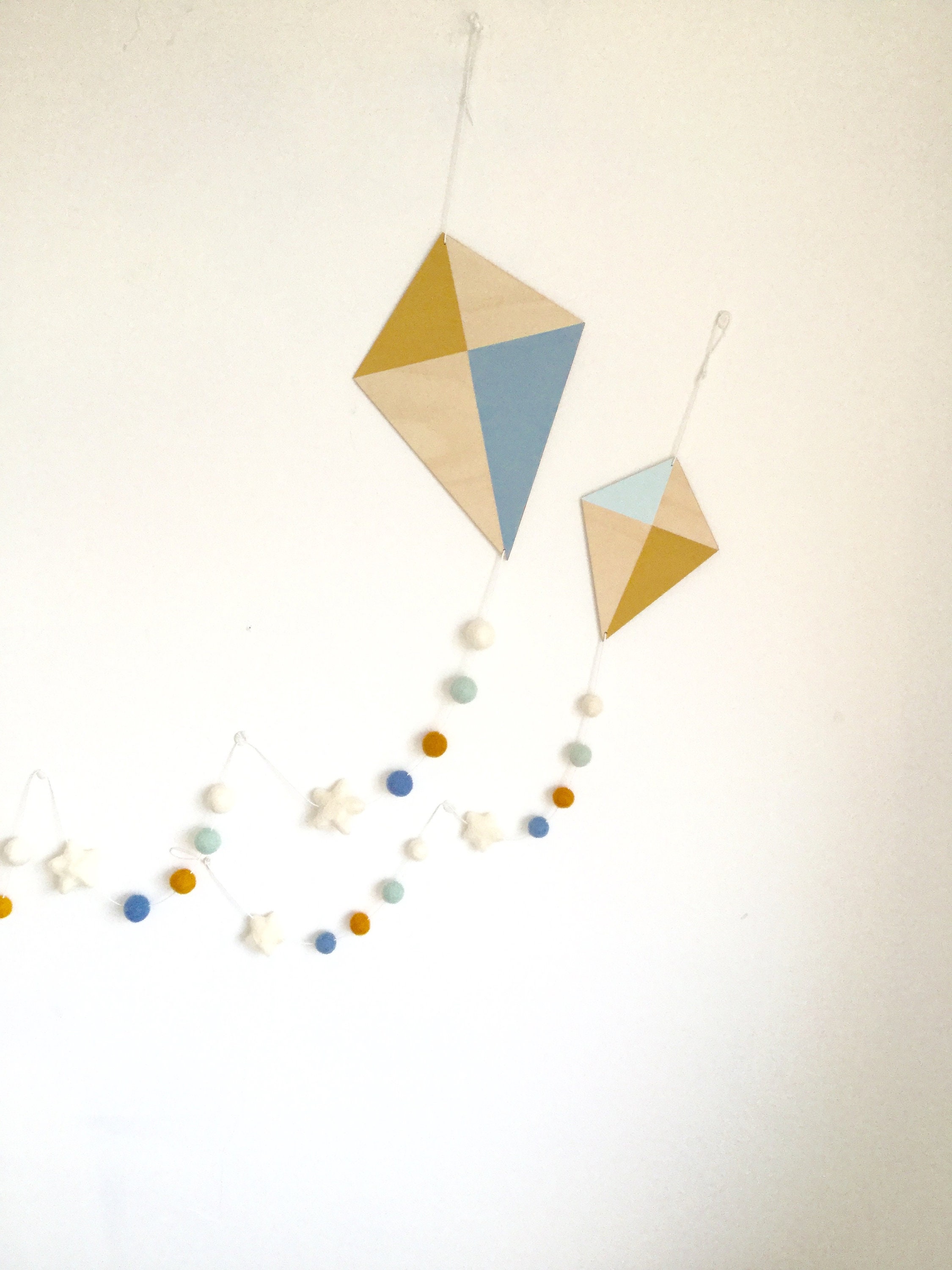 Nursery Kite Wall Hanging: Mustard, Mint & Blue Kites With Wool Felt ...