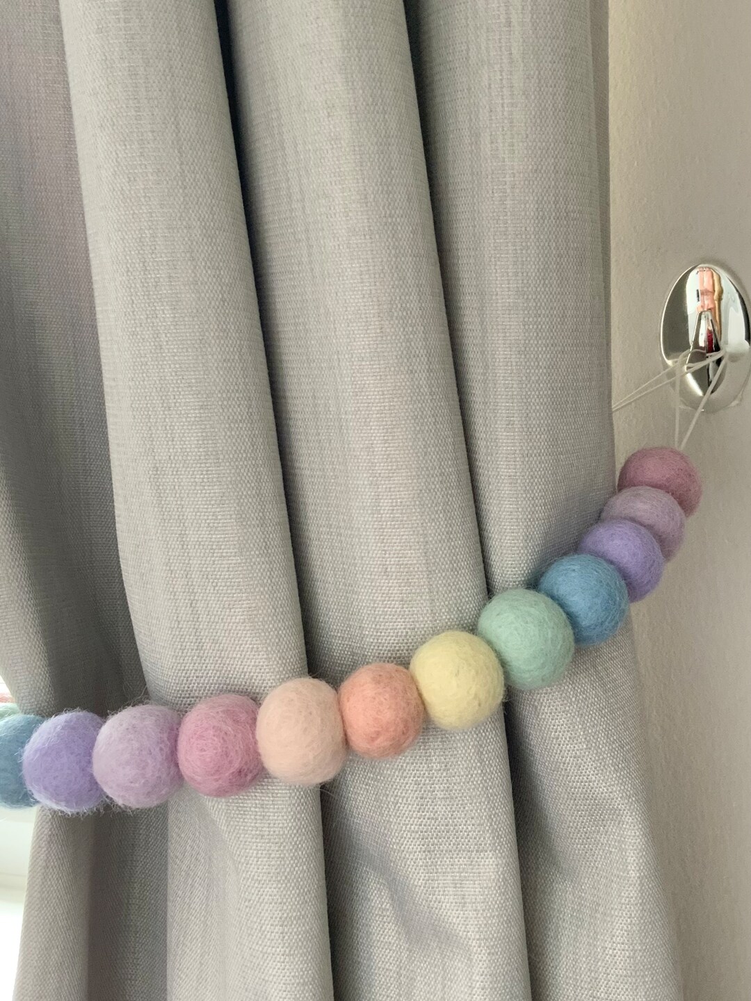 Pastel Rainbow Felt Ball Tie Back / Pastel Pom Pom Tie Back / Curtain ...
