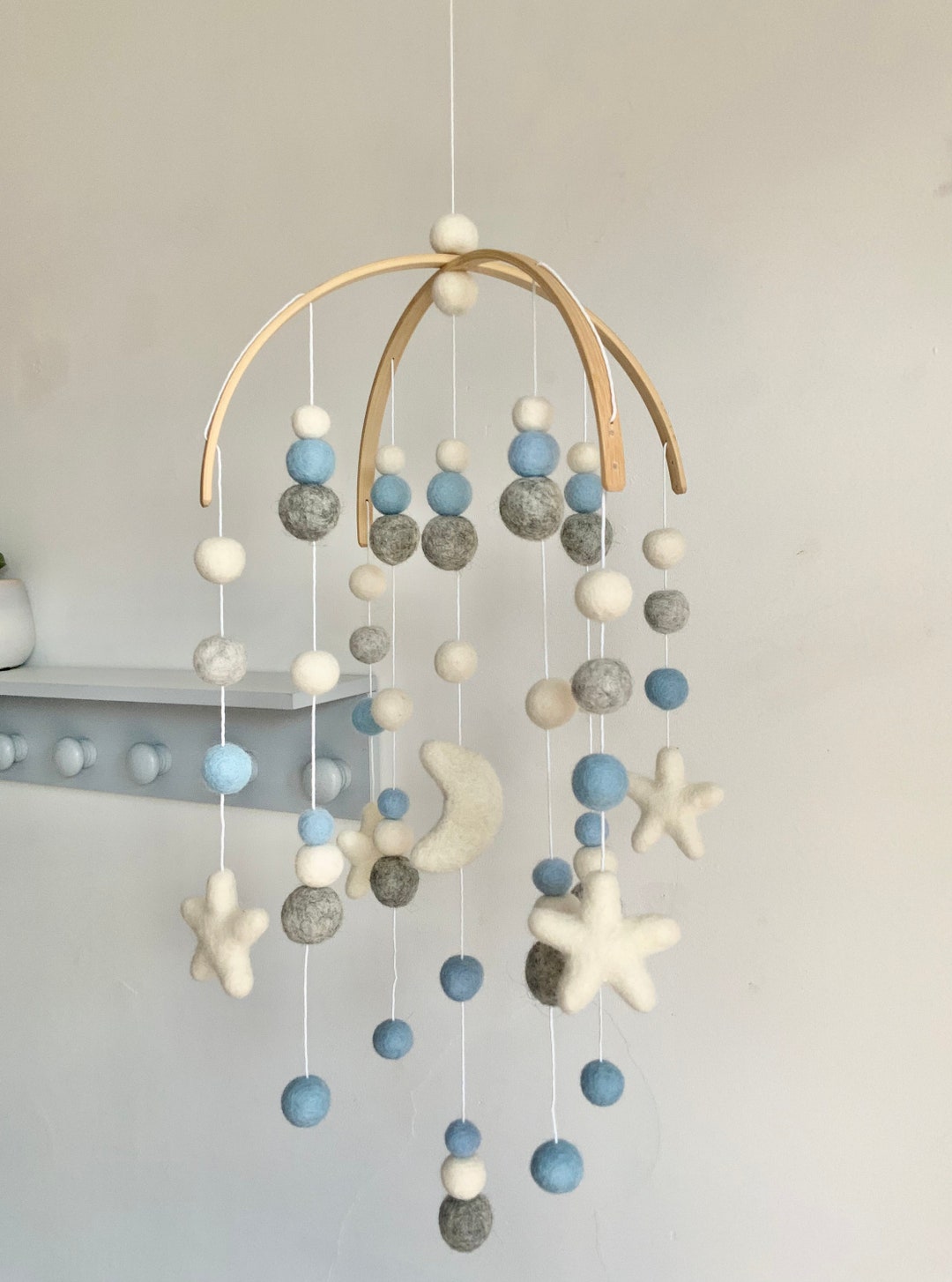 Baby Blue, Ivory and Grey Moon Felt Ball Mobile / Blue Cascading Arched ...
